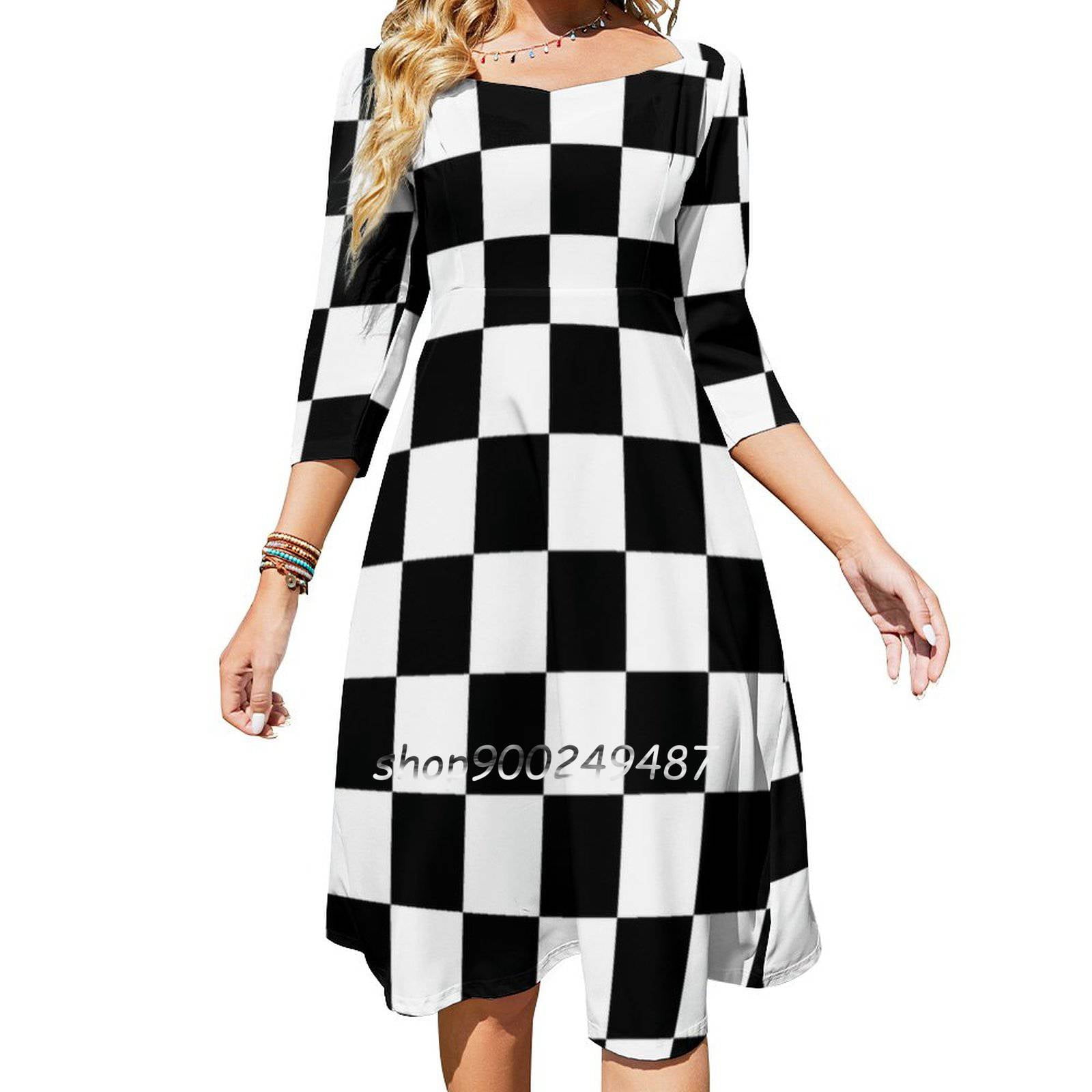 Mod Checkers Square Neck Dress Sweet Summer Dress Women Elegant Halter ...