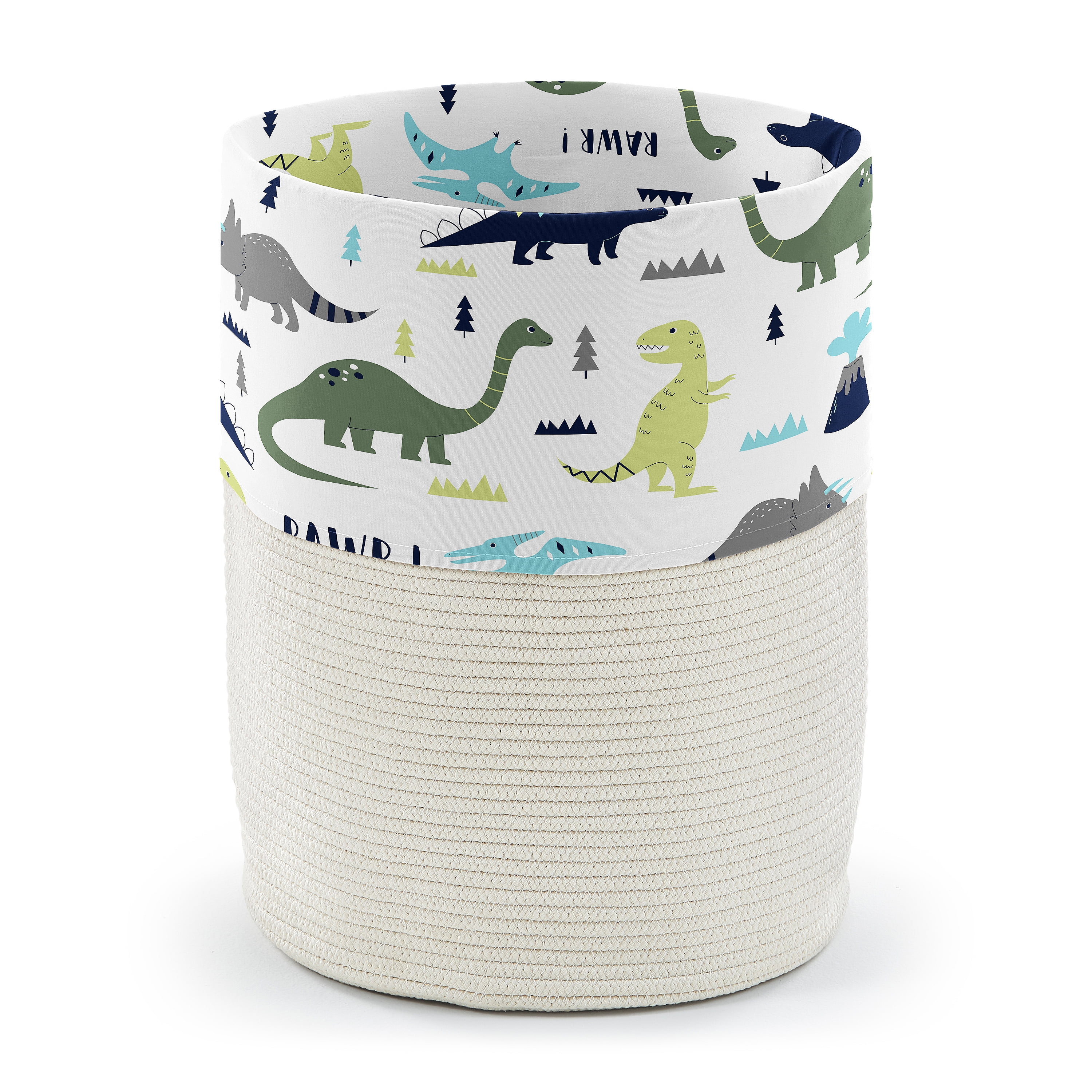 Mod Dinosaur Blue and Green Woven Laundry Rope Basket Hamper with Liner ...