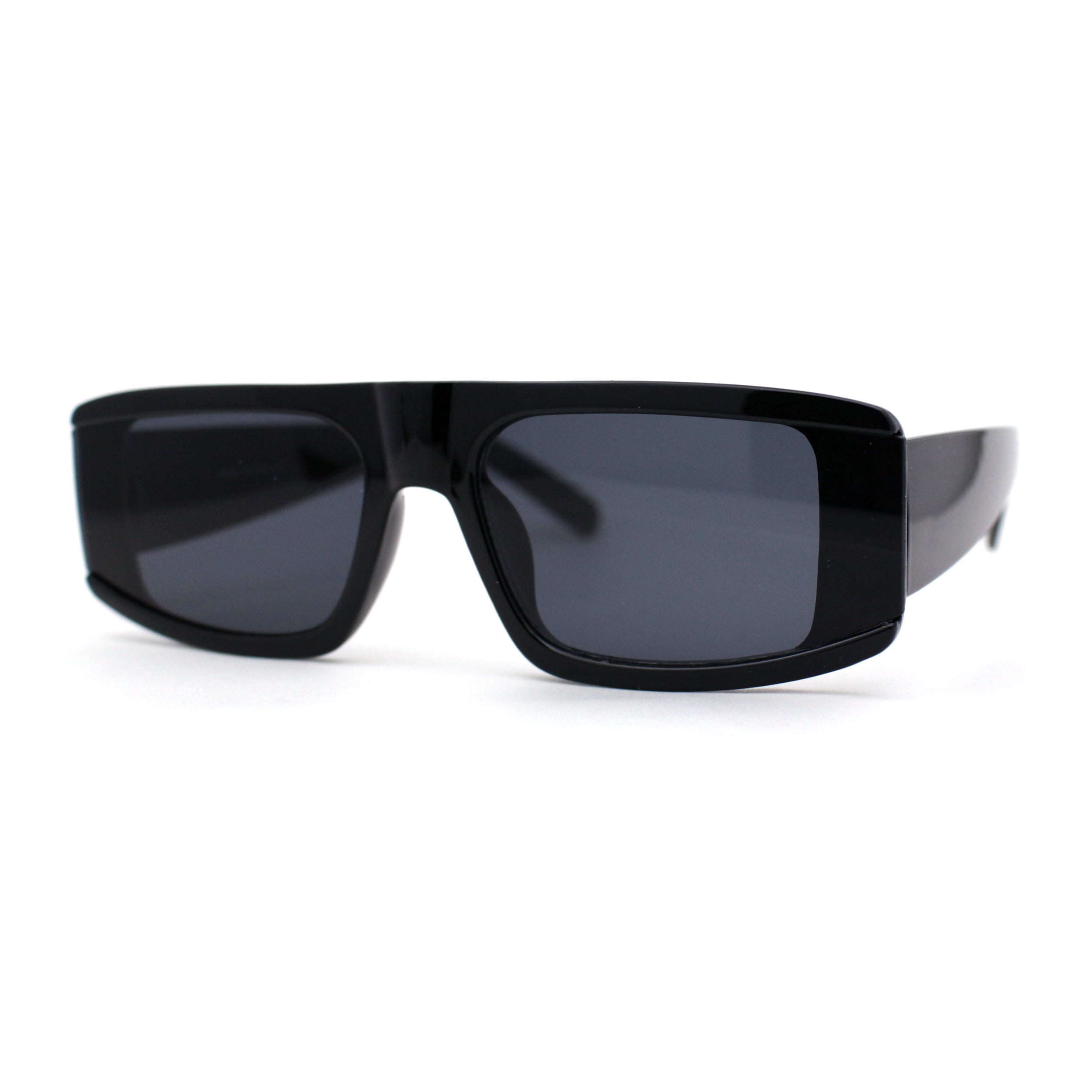 Mod Retro Flat Top Narrow Rectangle Exposed Lens Sunglasses All Black ...