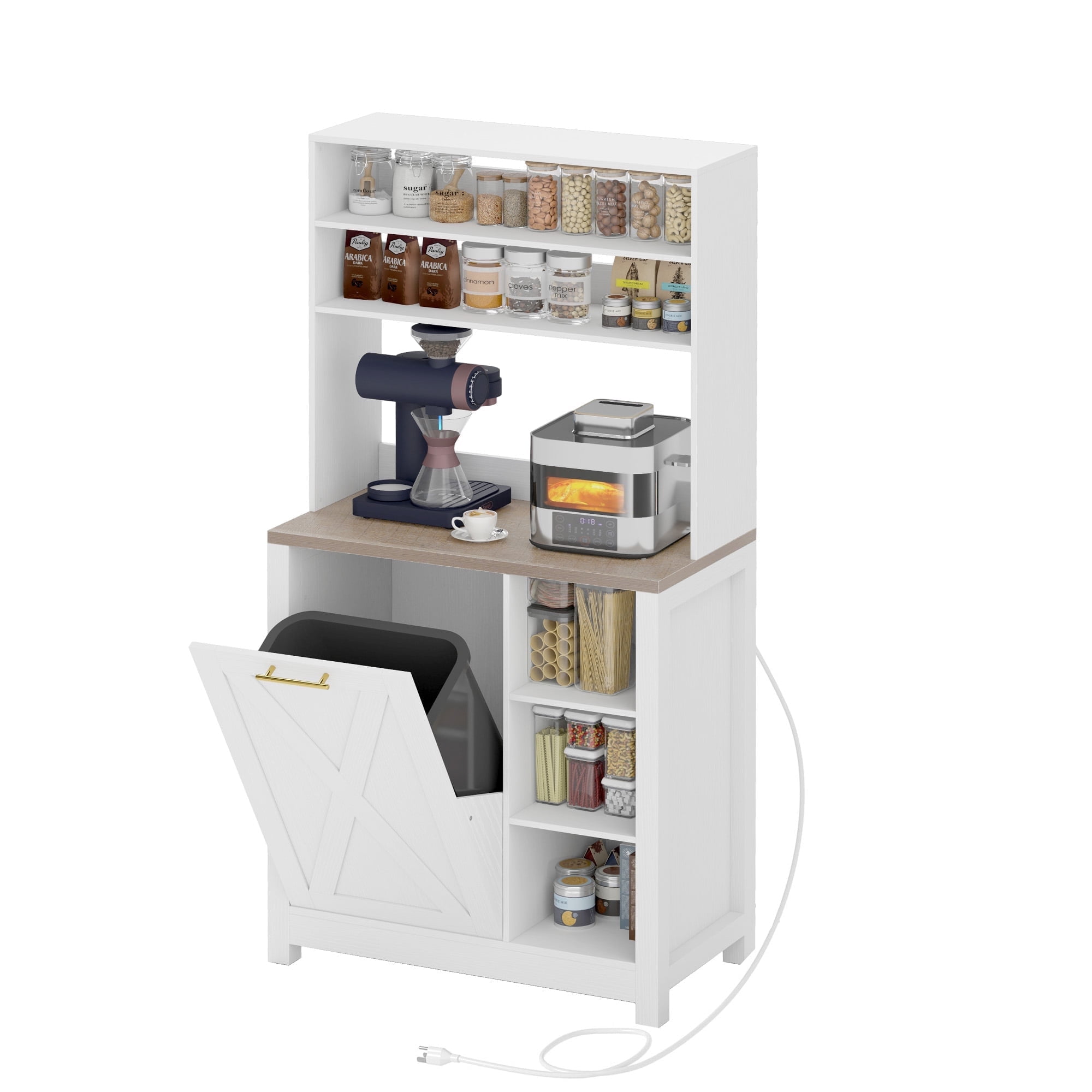 ModFUsion 63-Inch Farmhouse Bakers Rack with Power Outlet, Trash Can ...