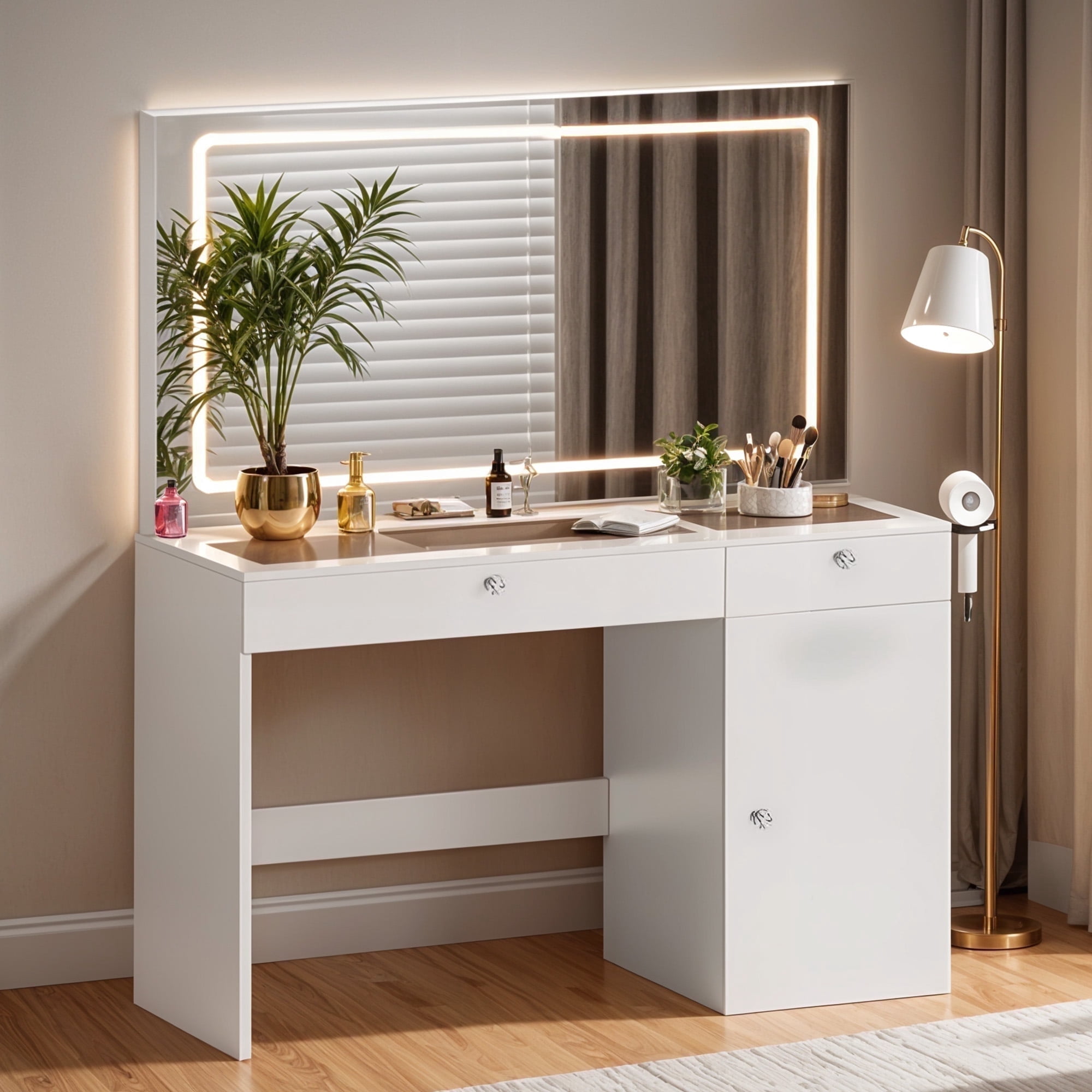 ModFusion 1 Piece Adult Modern Vanity Table with LED Lighted Mirror ...