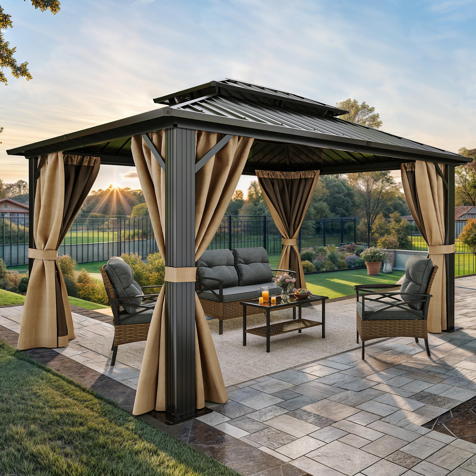 ModFusion 10' x 12' Hardtop Outdoor Gazebo Double Roof with Curtains ...