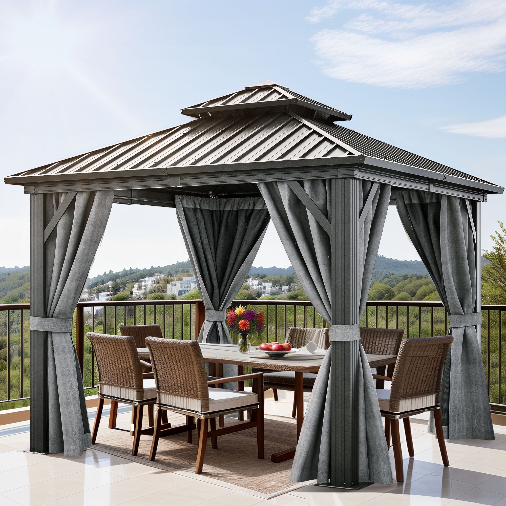 ModFusion 10’x10’ Double Roof Hardtop Gazebo with Netting & Curtains ...