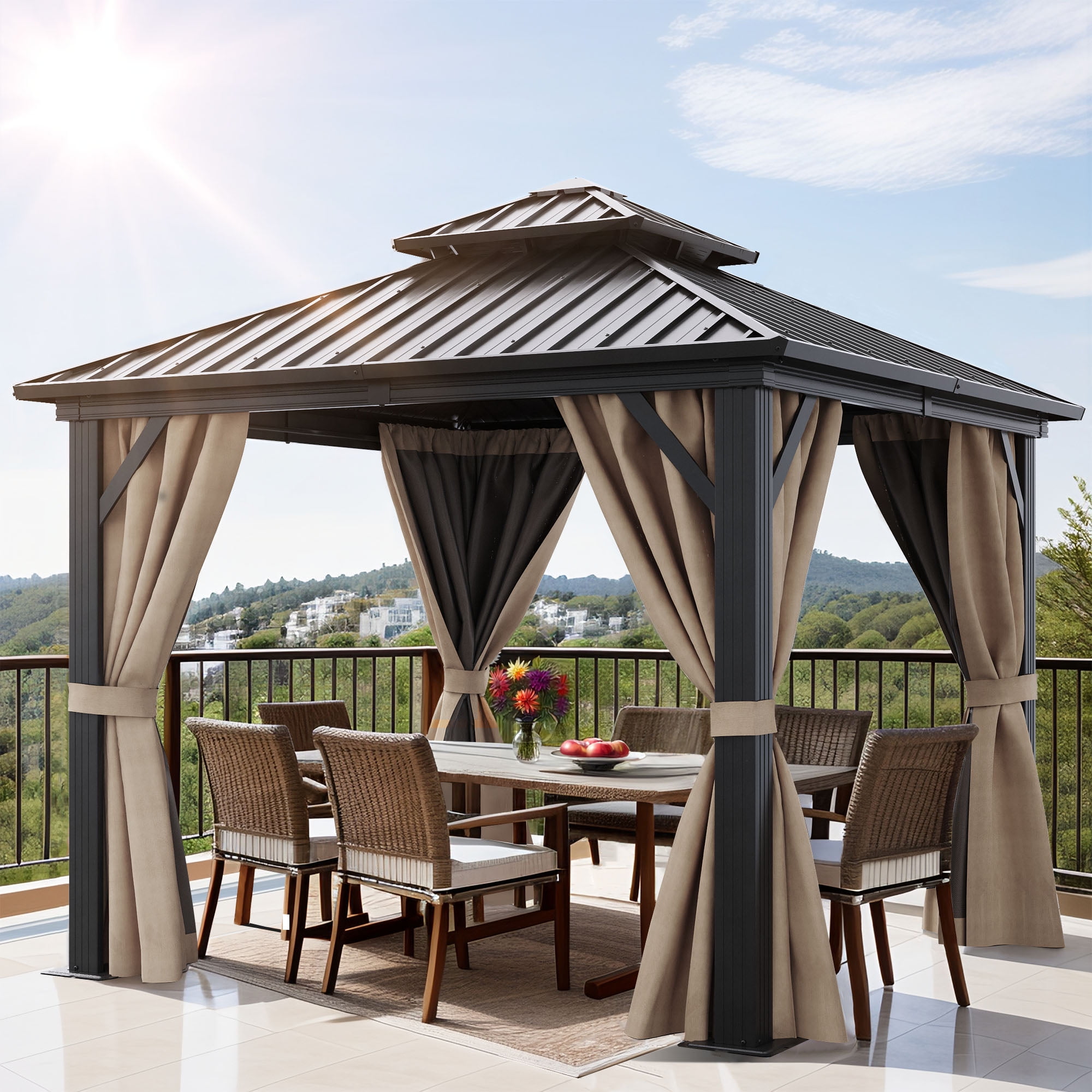 ModFusion 10'x10' Double Roof Outdoor Vertical Stripes Steel Gazebo ...