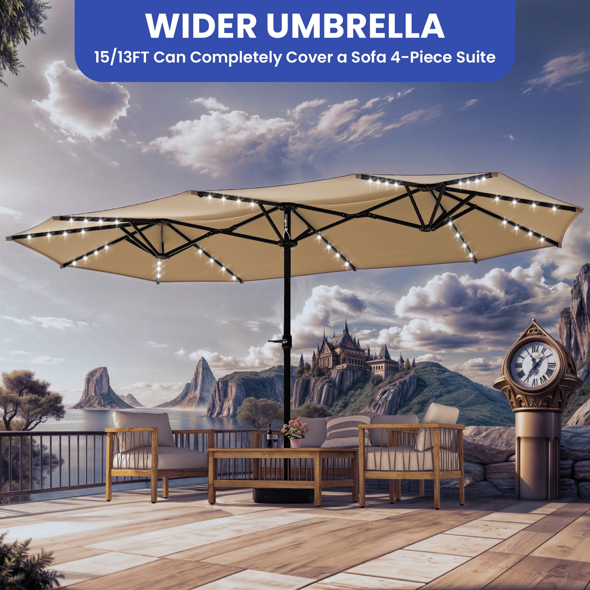ModFusion 15ft Double-Sided Patio Umbrella with 48 Solar-Powered LED ...