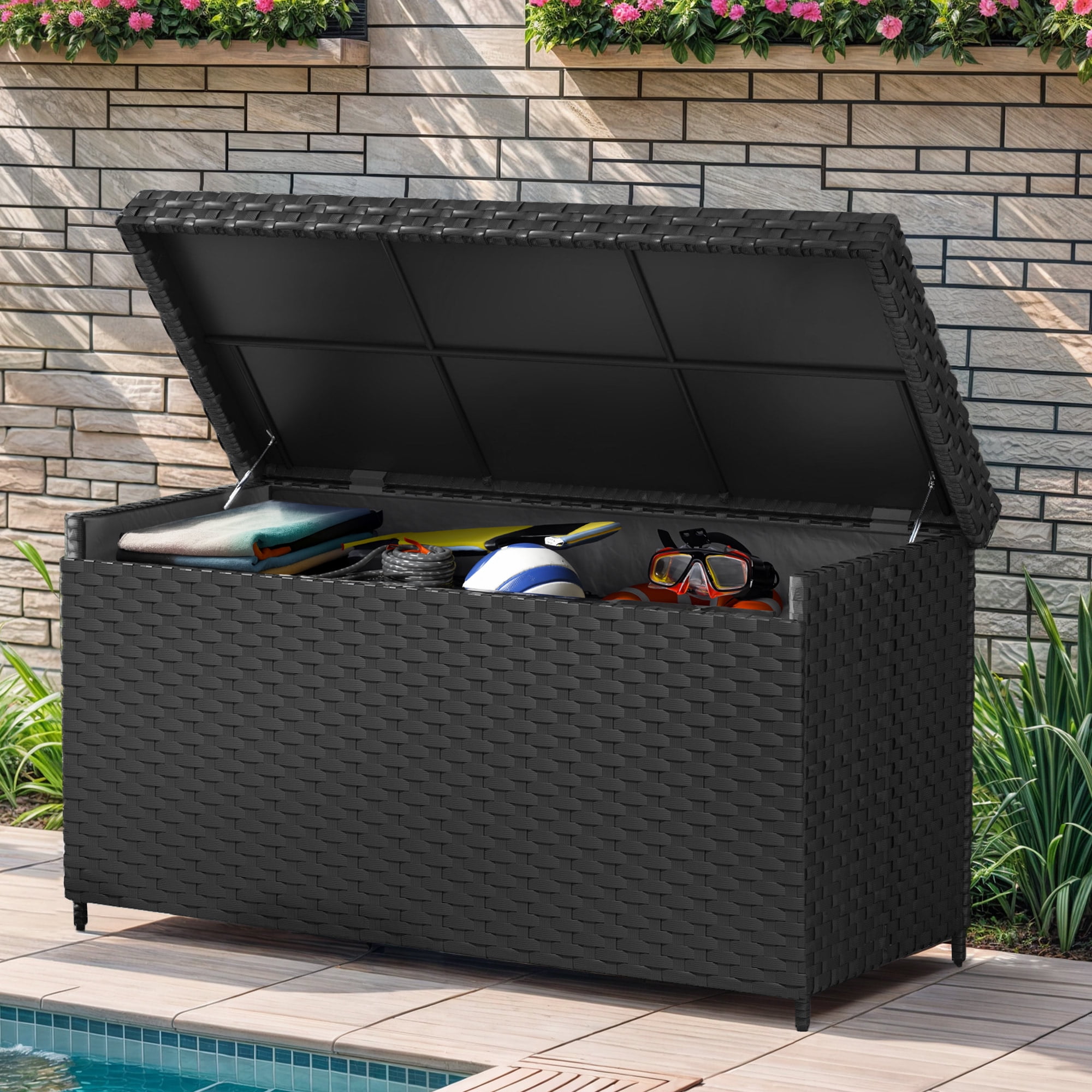 ModFusion 170 gal Black Patio Deck Box, 33”H x 60”L x 27”W Rattan Steel ...