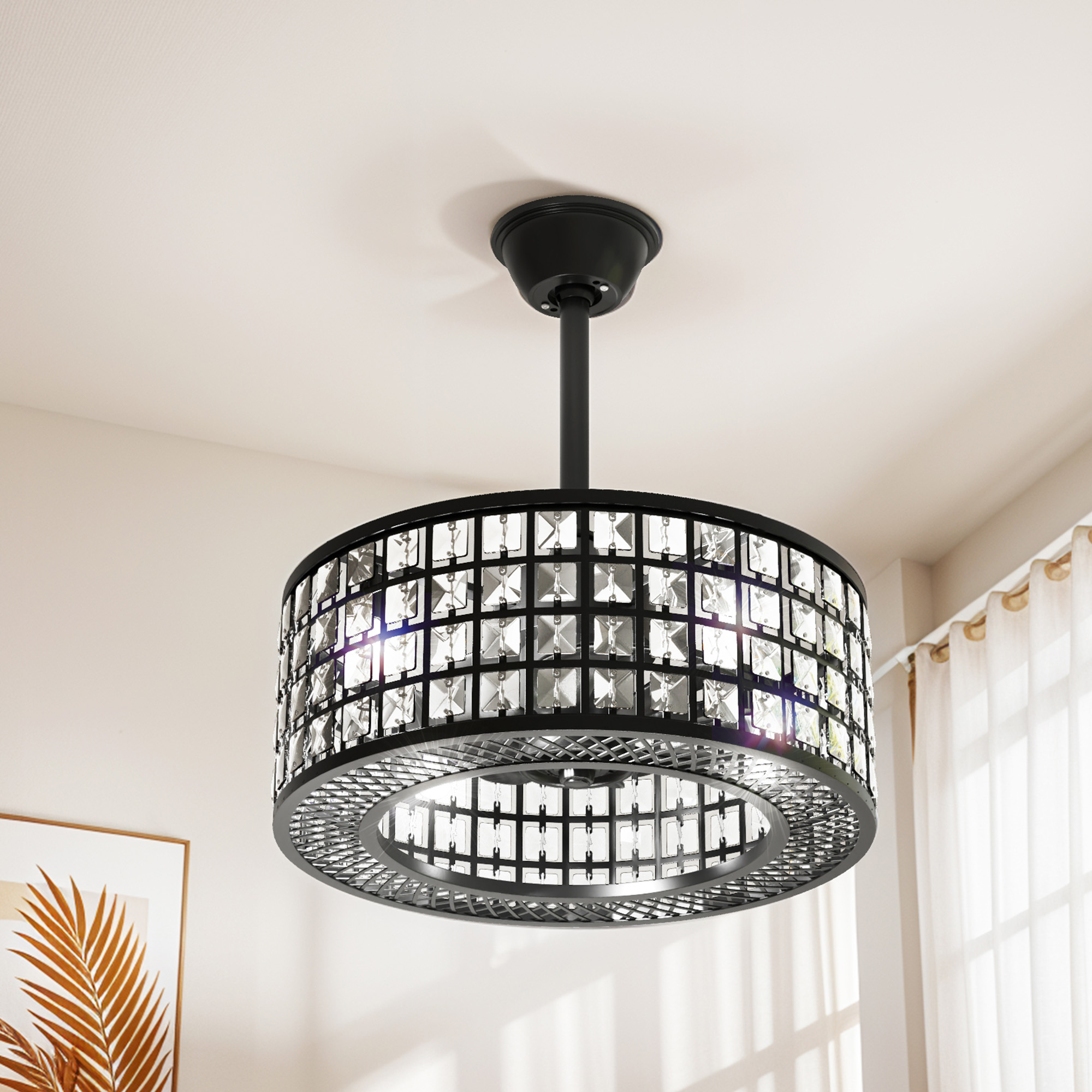 ModFusion 18" Crystal Caged Ceiling Fan with Remote, Black Metal Frame ...