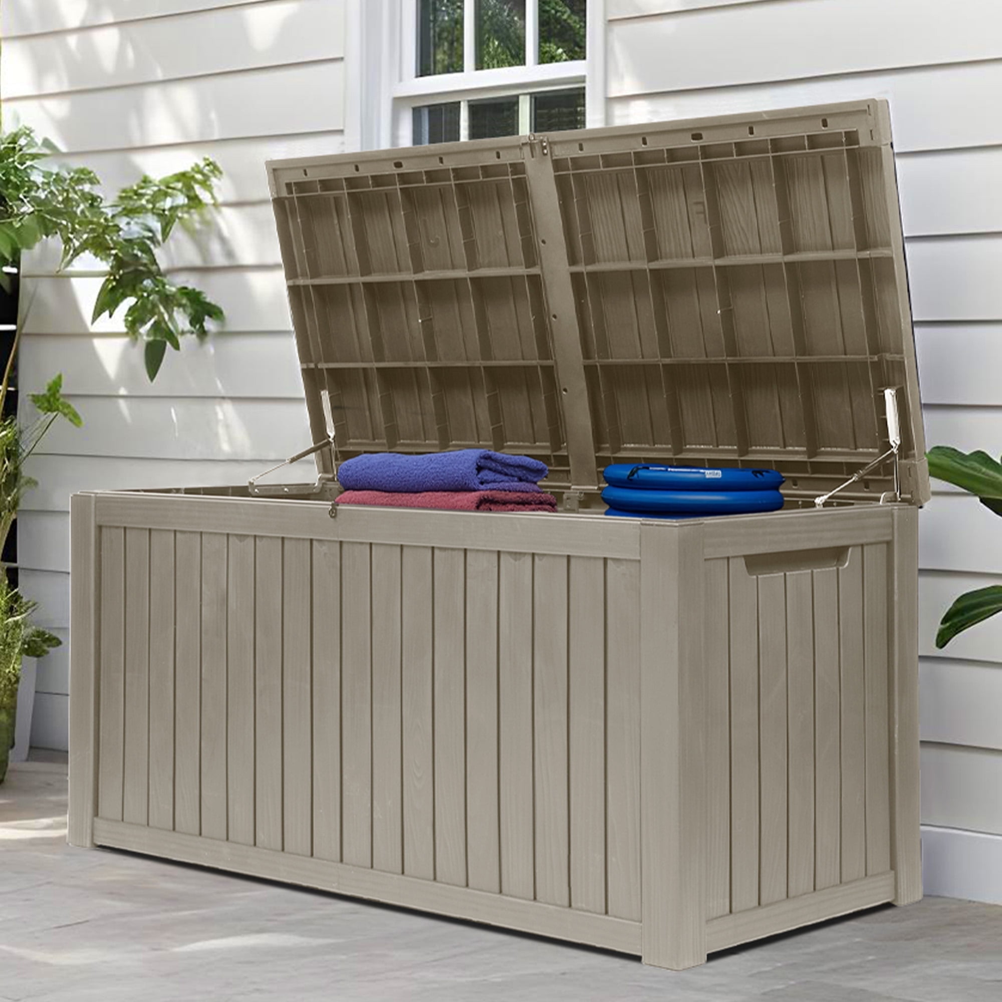 ModFusion 180-Gallon Lockable Resin Deck Box, Light Brown Outdoor ...