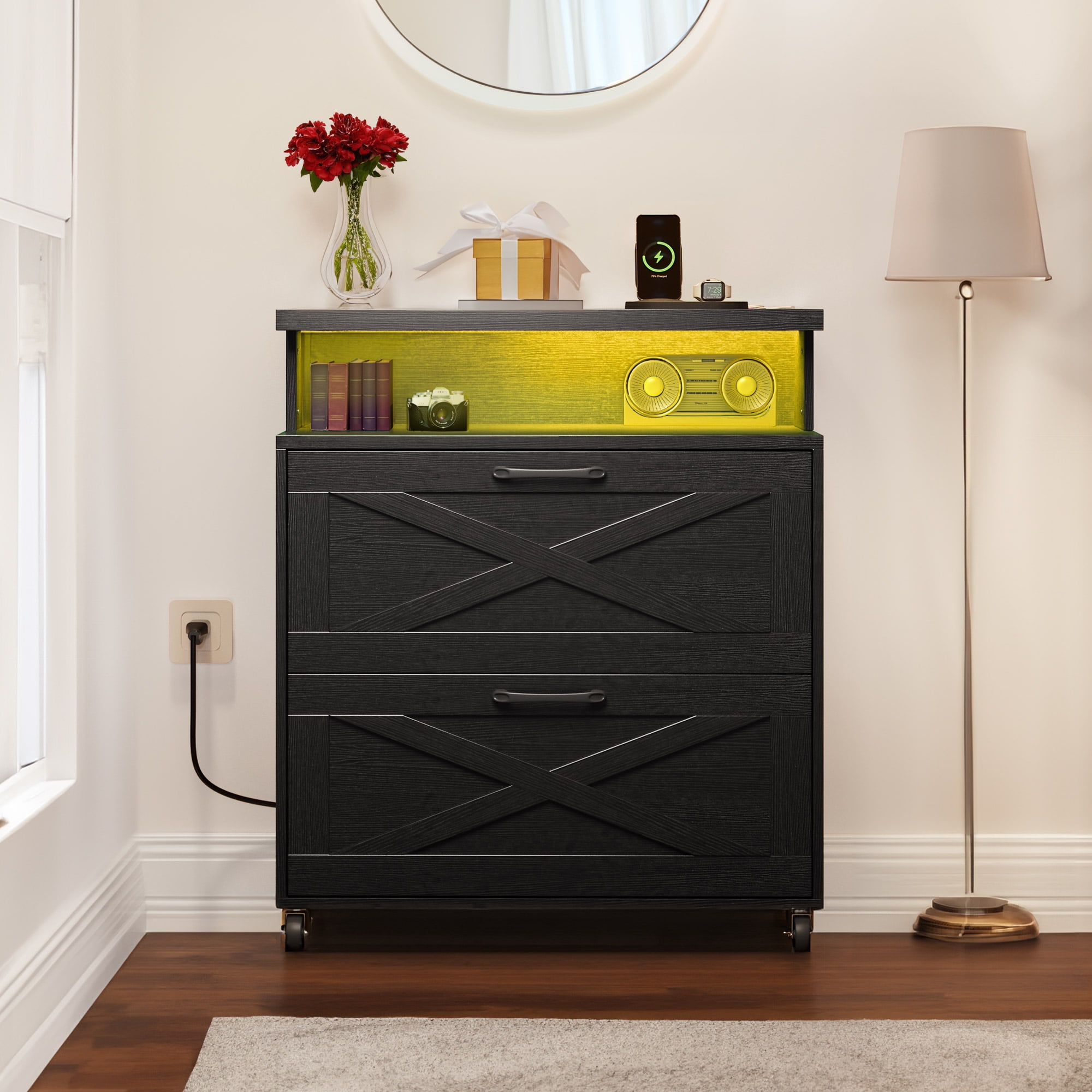 ModFusion 2-Drawer Wood Cabinet with LED Light Charging Station ...