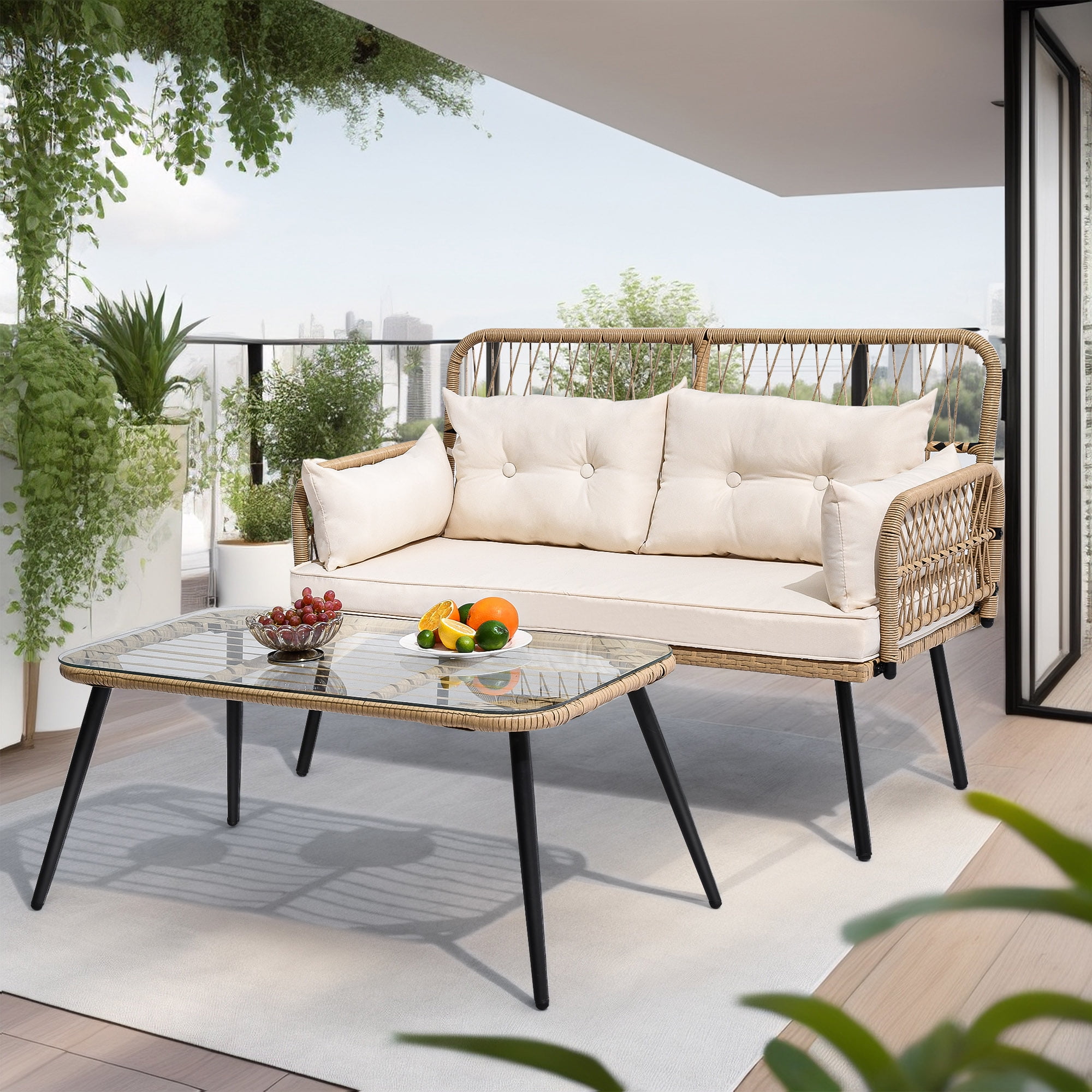 ModFusion 2-Piece Outdoor/Indoor Patio Wicker Sofa and Coffee Table Set ...