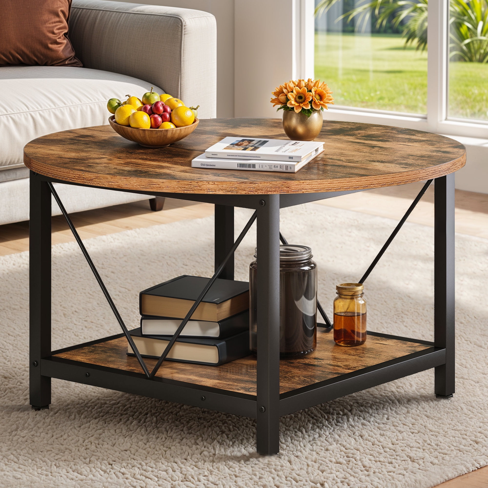 ModFusion 2-Tier Rustic Brown Round Coffee Table with Open Shelf ...