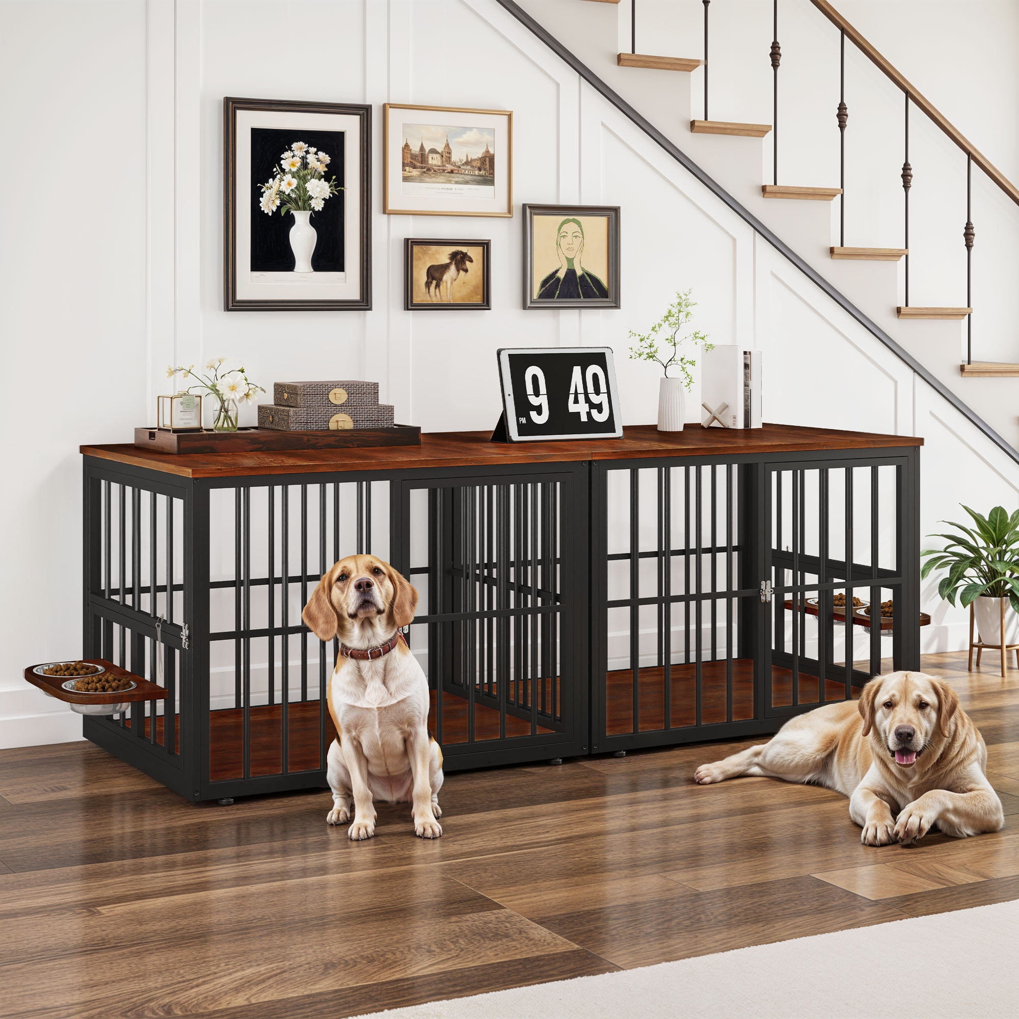 ModFusion 3-Door Brown Wood Texture Metal Dog Cage - Stackable Design ...
