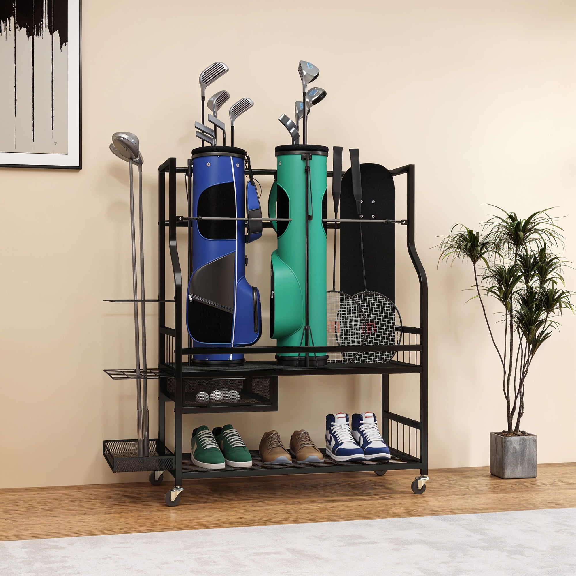 ModFusion 3-Piece Golf Bag Rack with Wire Mesh Drawer, Black, 44.5"L x ...
