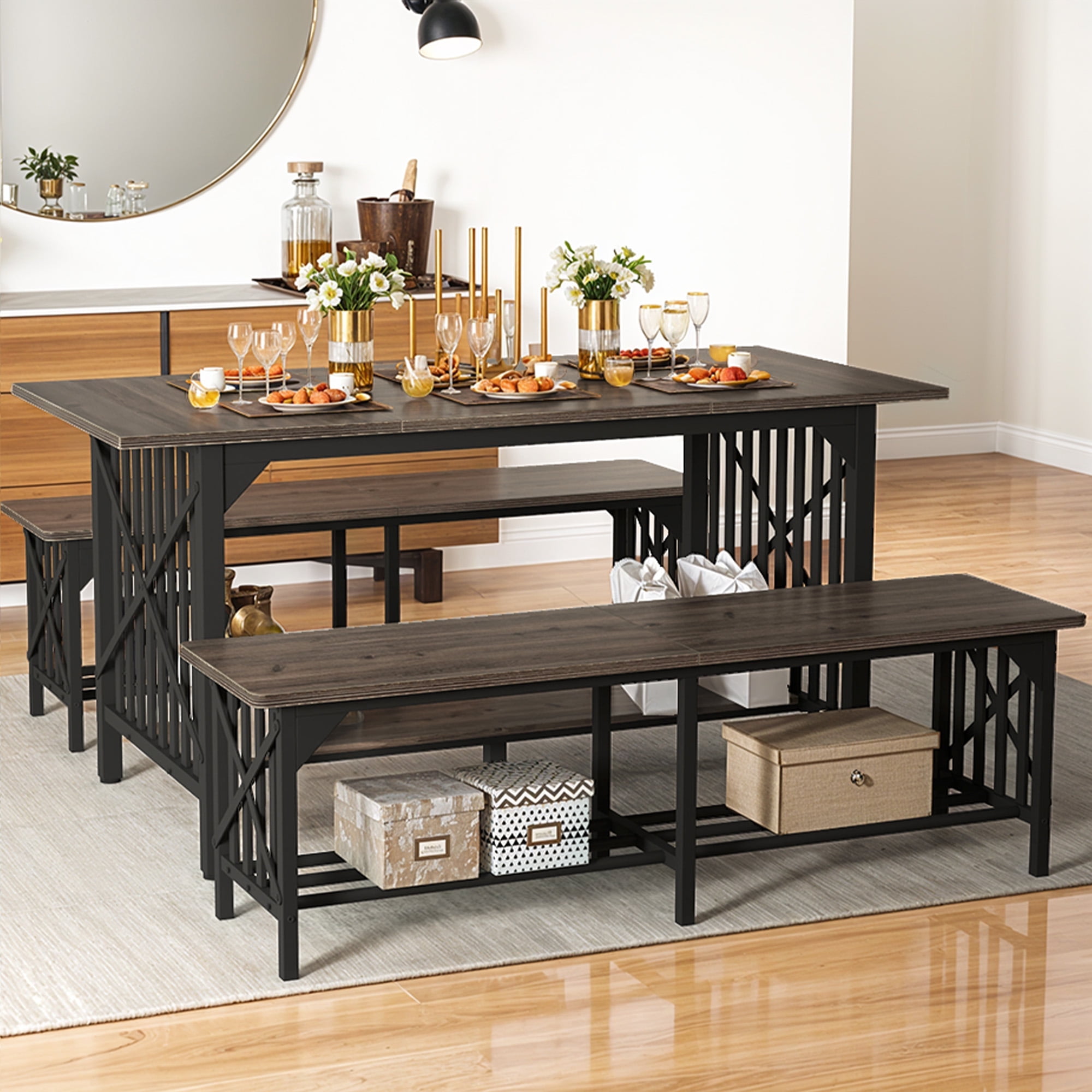 ModFusion 3-Piece Modern Dining Table Set with Benches, Storage Rack ...