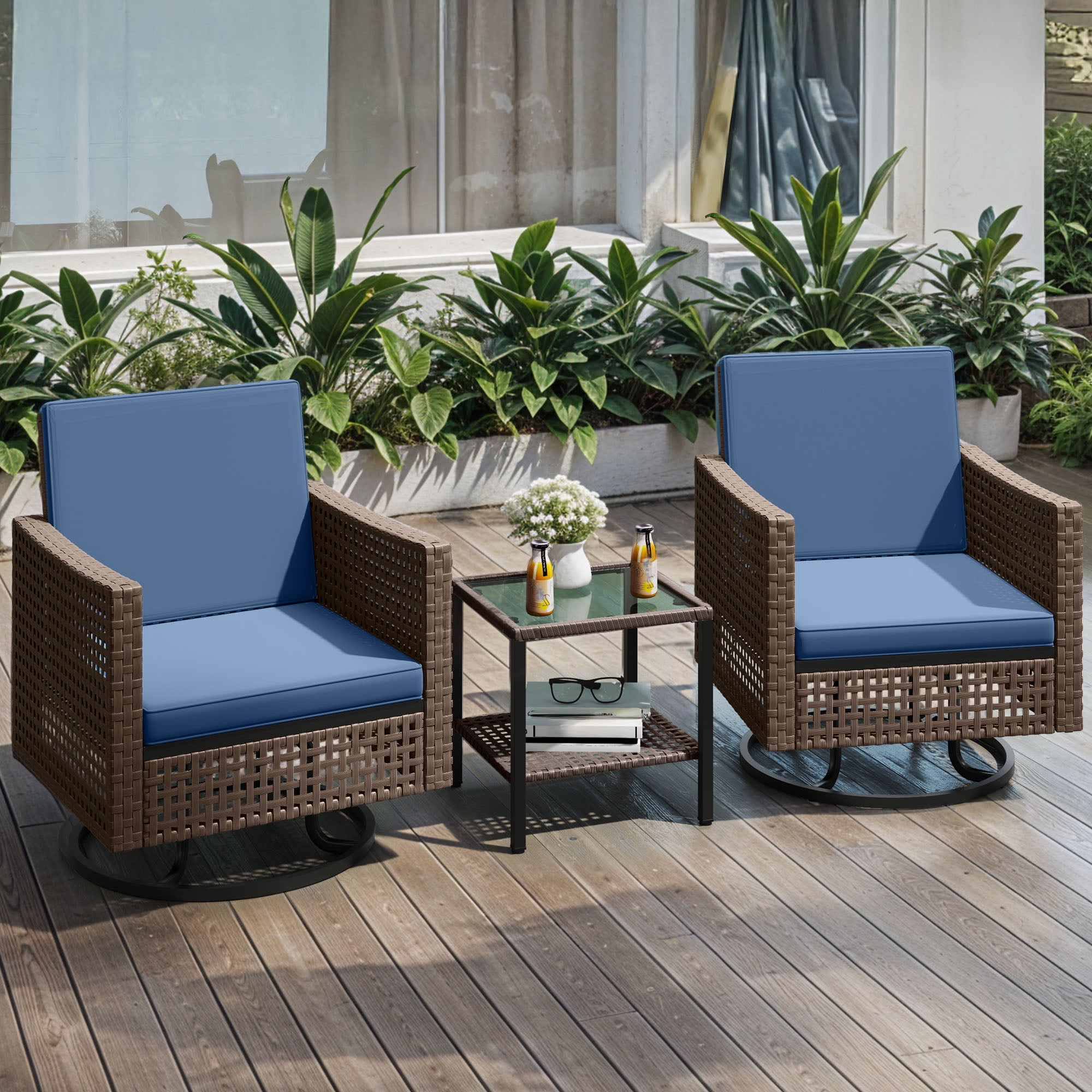 ModFusion 3-Piece Outdoor Wicker Swivel Rocking Chairs Set with Side ...