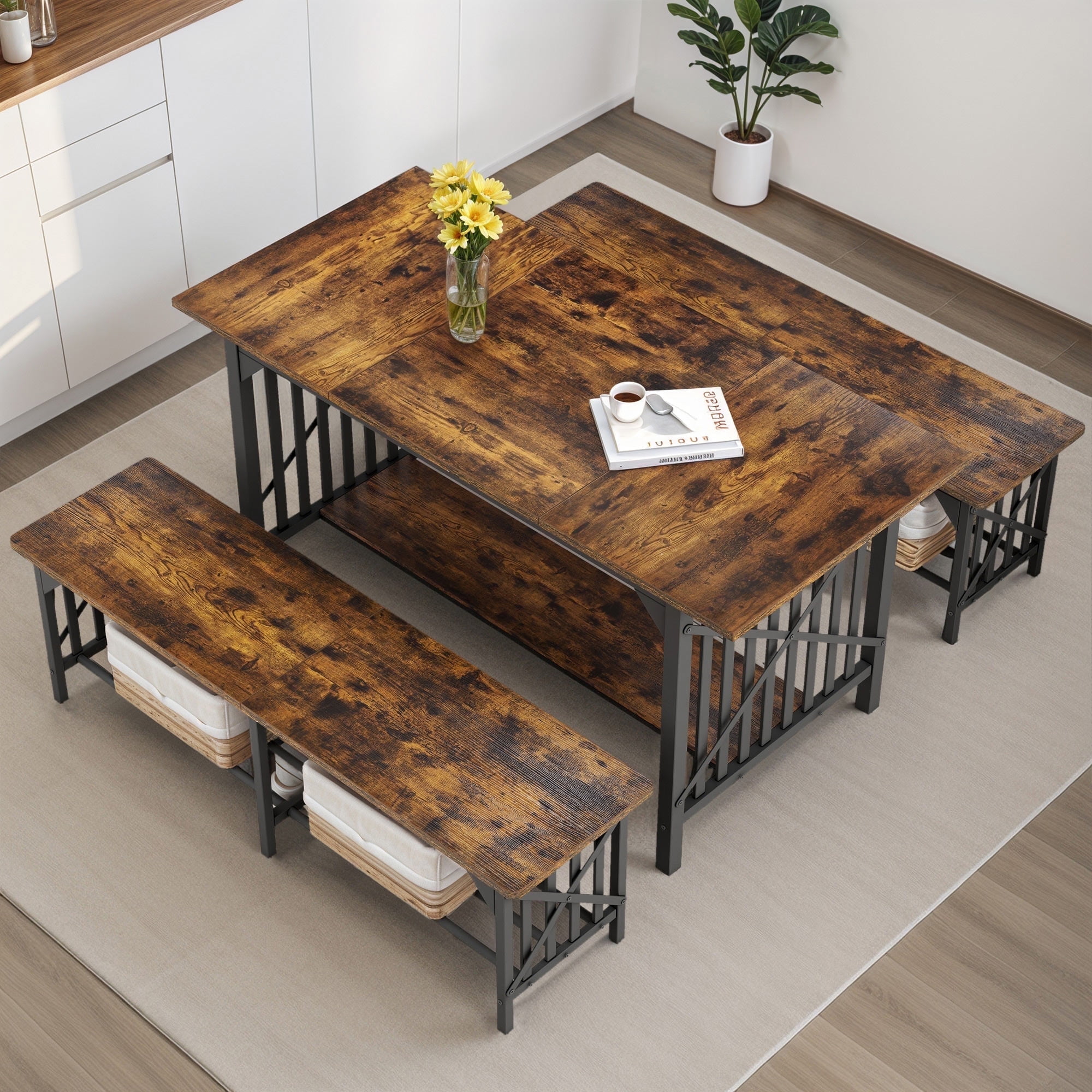 ModFusion 3-Piece Rustic Dining Table Set with Benches, Storage Shelves ...