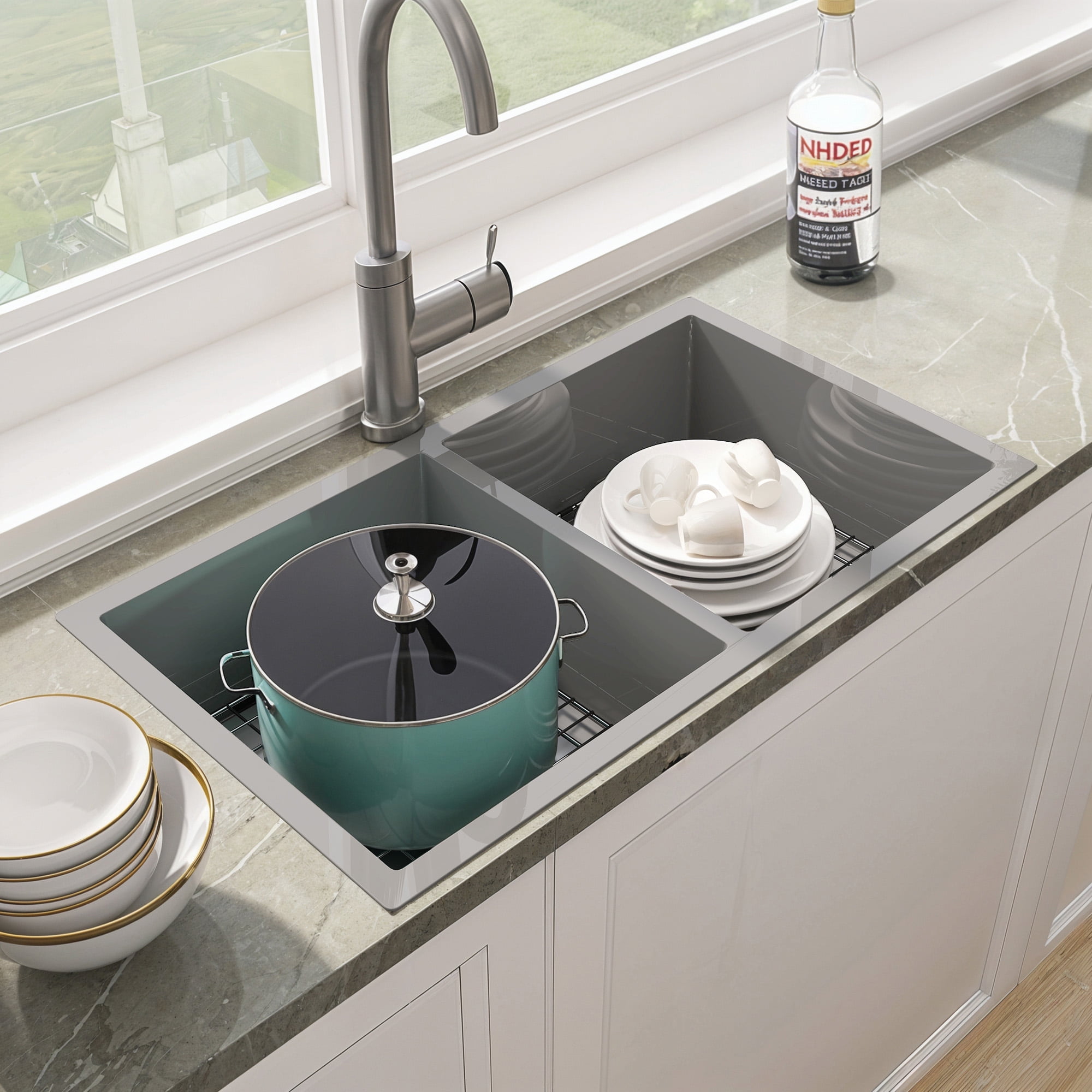 ModFusion 33" x 19" 16-Gauge 304 Stainless Steel Double Bowl Kitchen Sink, Nano PVD Gunmetal ...