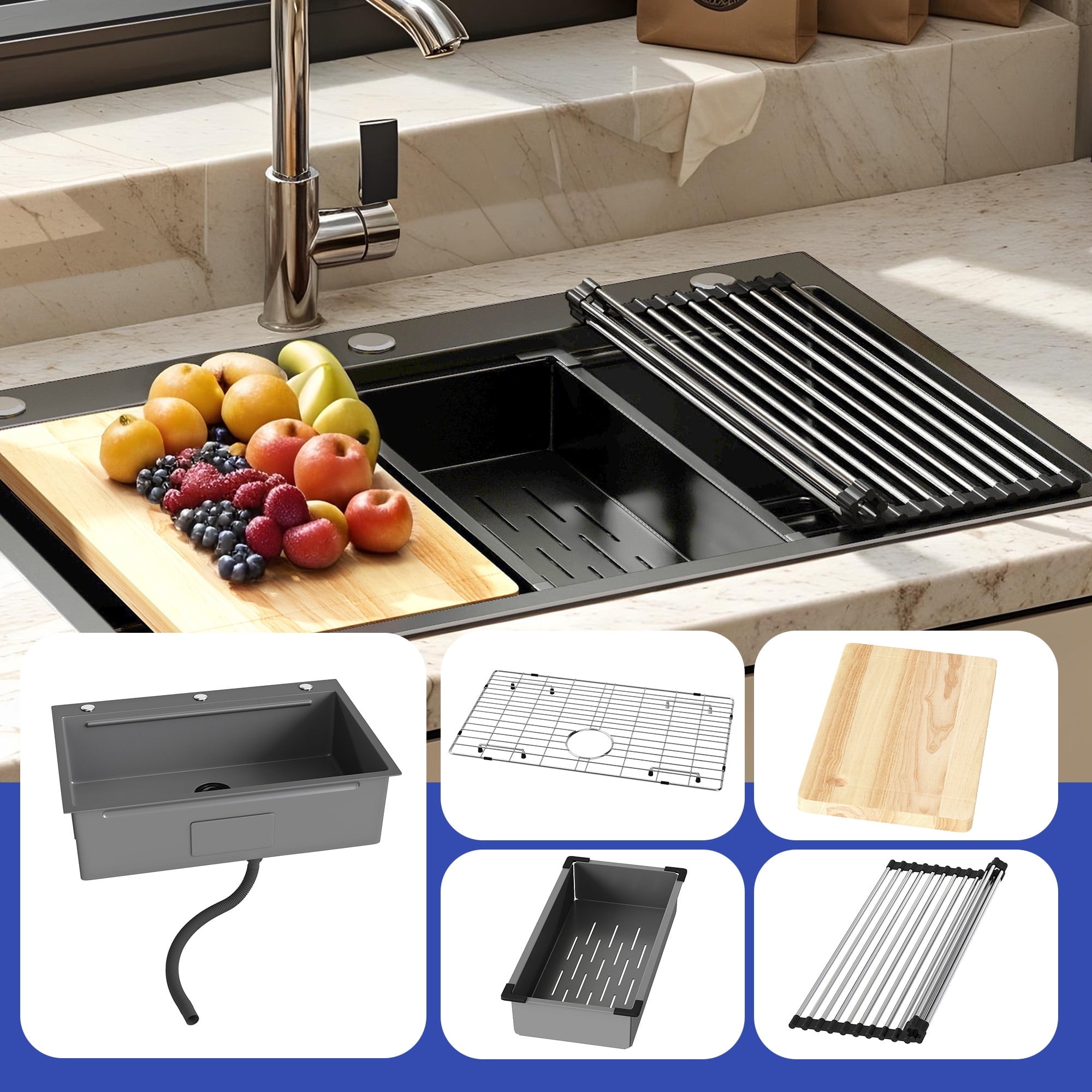 ModFusion 33″x22″x10″ in Gunmetal Black Workstation Ledged Sink, 18 ...