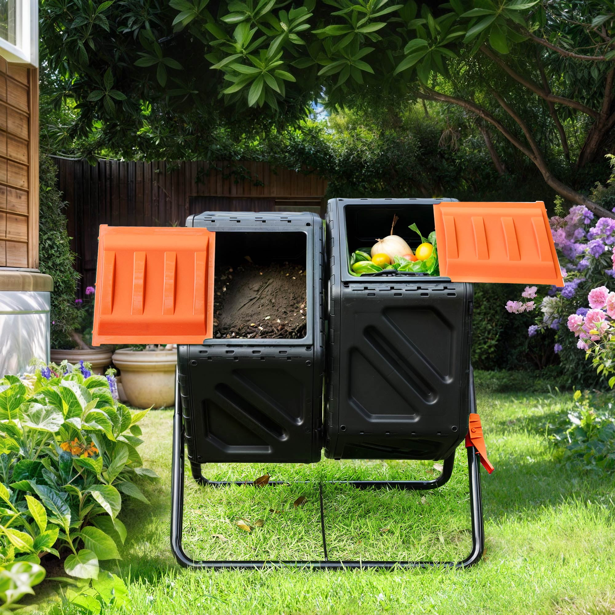 ModFusion 34 Gallon Dual Chamber Compost Tumbler, Black Orange, Outdoor ...
