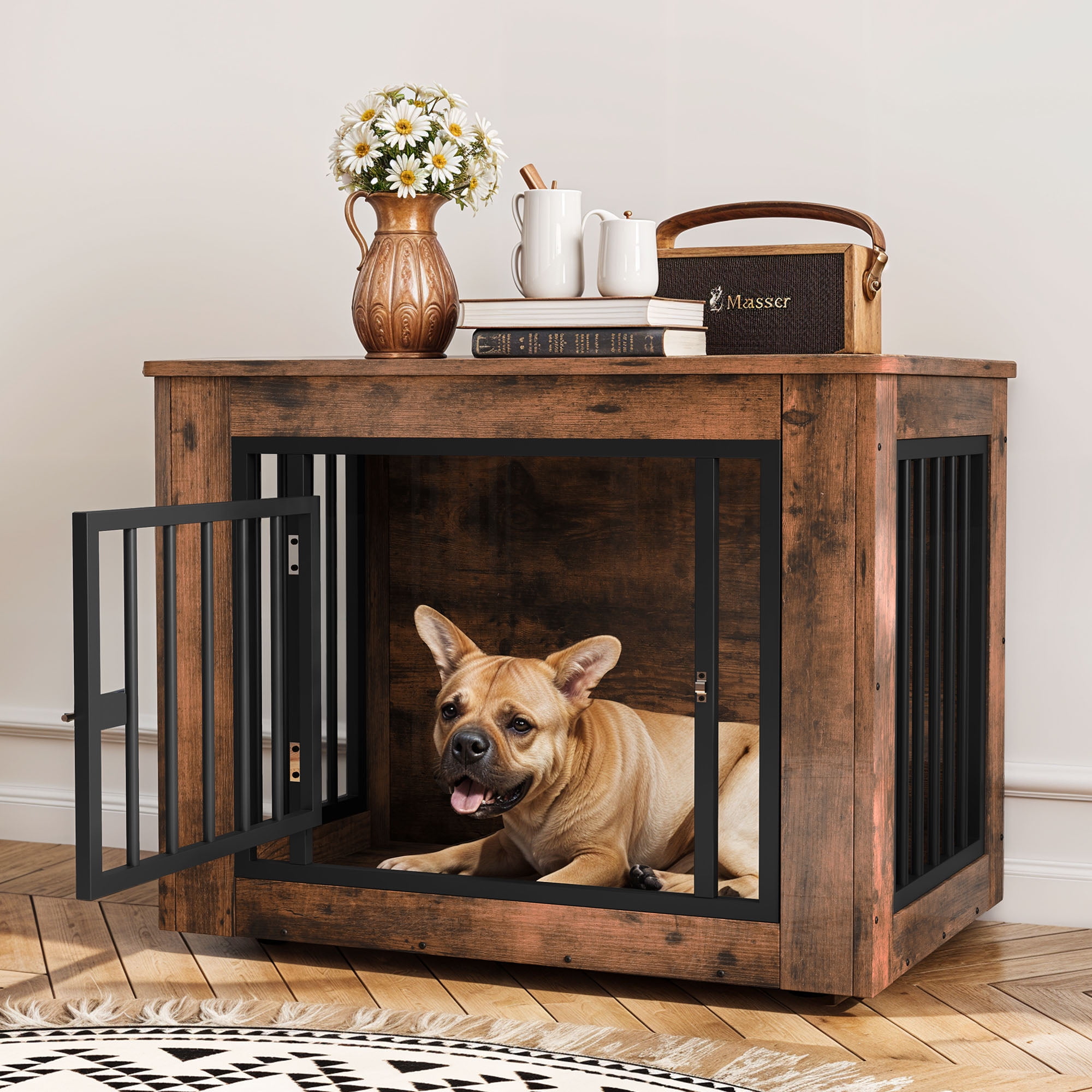 ModFusion 34" Wooden Pet Kennel TV Stand – Heavy Duty Iron Cage, 2-in-1 ...