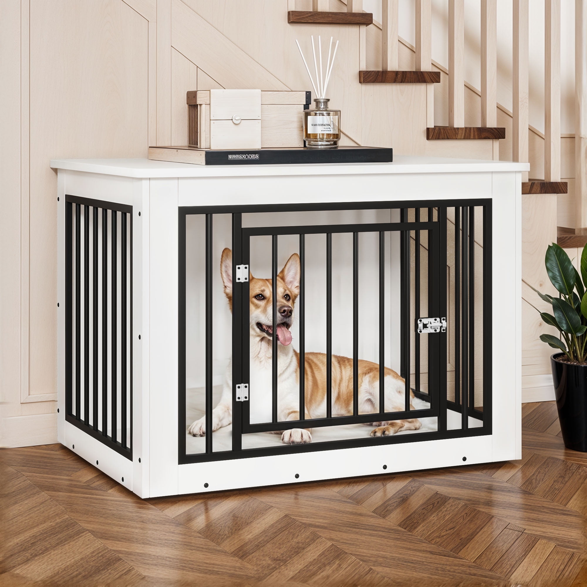 ModFusion 38" Iron and Wood Dog Cage Furniture – Stylish Pet Crate, End ...