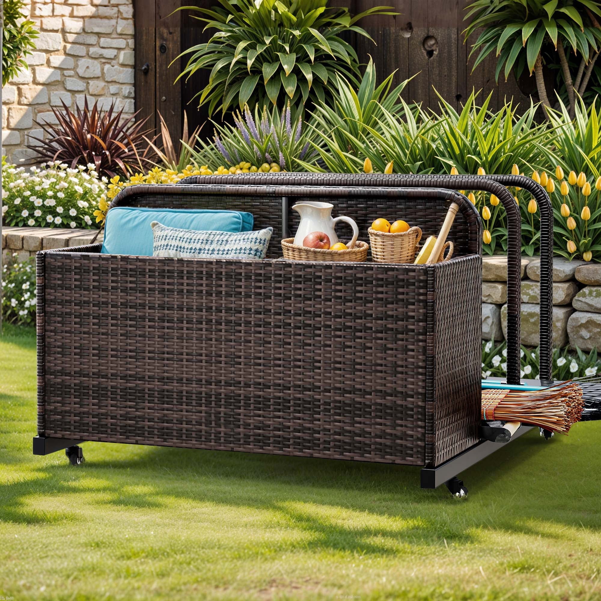 ModFusion 39” Outdoor Patio Storage, Rolling Rattan Caddy for Pool ...