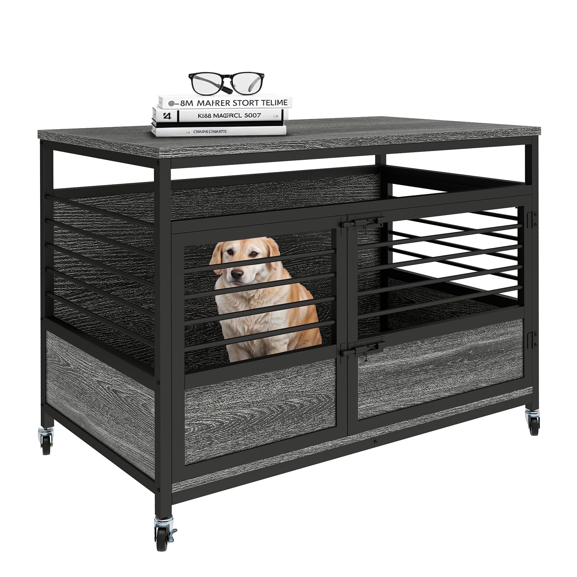 ModFusion 39" Rustic Wooden & Metal Dog Crate End Table with Wheels ...