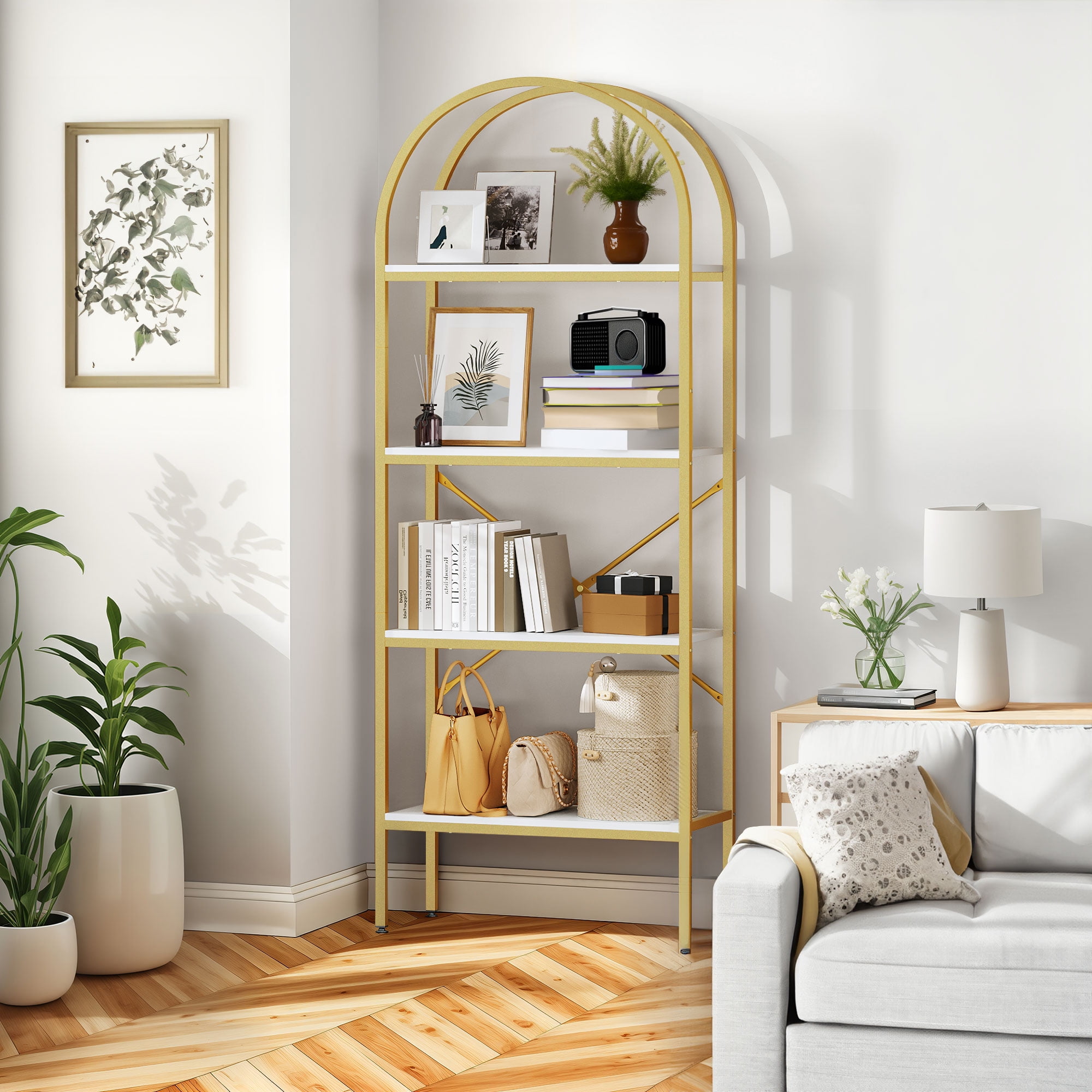 ModFusion 4-Tier Arched Gold Bookshelf Display Storage Modern Bookcase ...