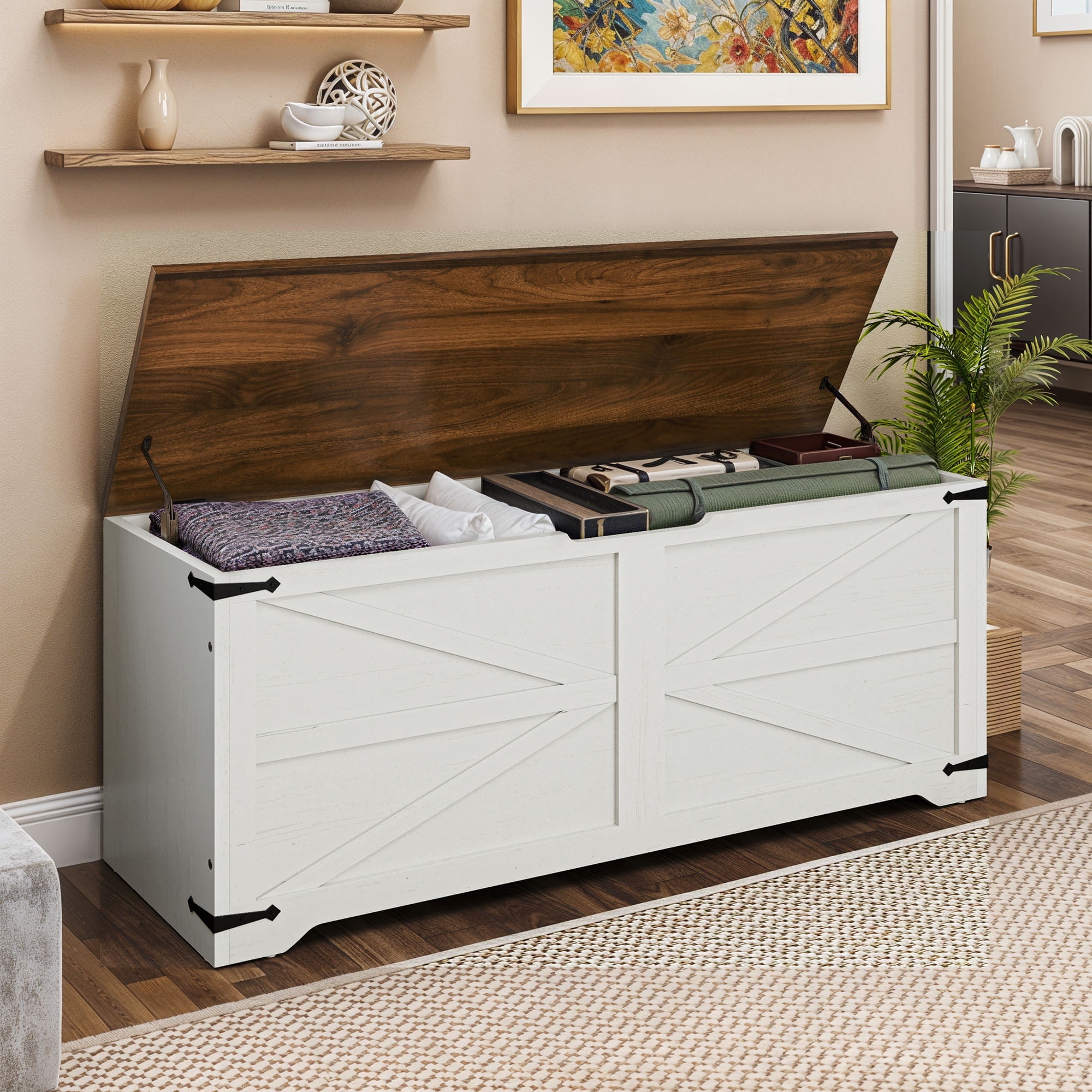 ModFusion 47.2" Farmhouse Storage Bench with Safety Hinges, Wooden ...