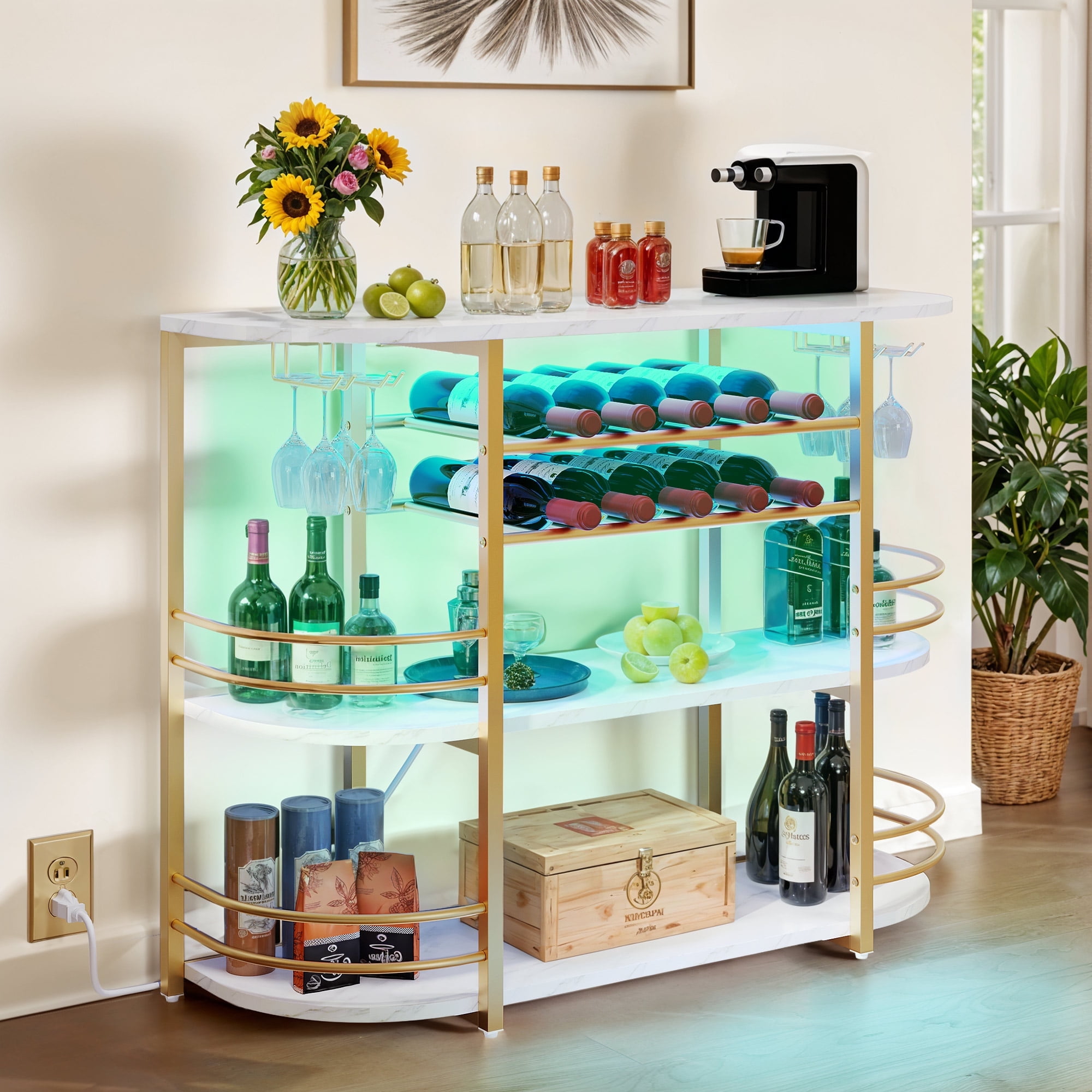 ModFusion 47 Inch Bar Table with Outlet, Adjustable RGB LED Lights, 4 ...