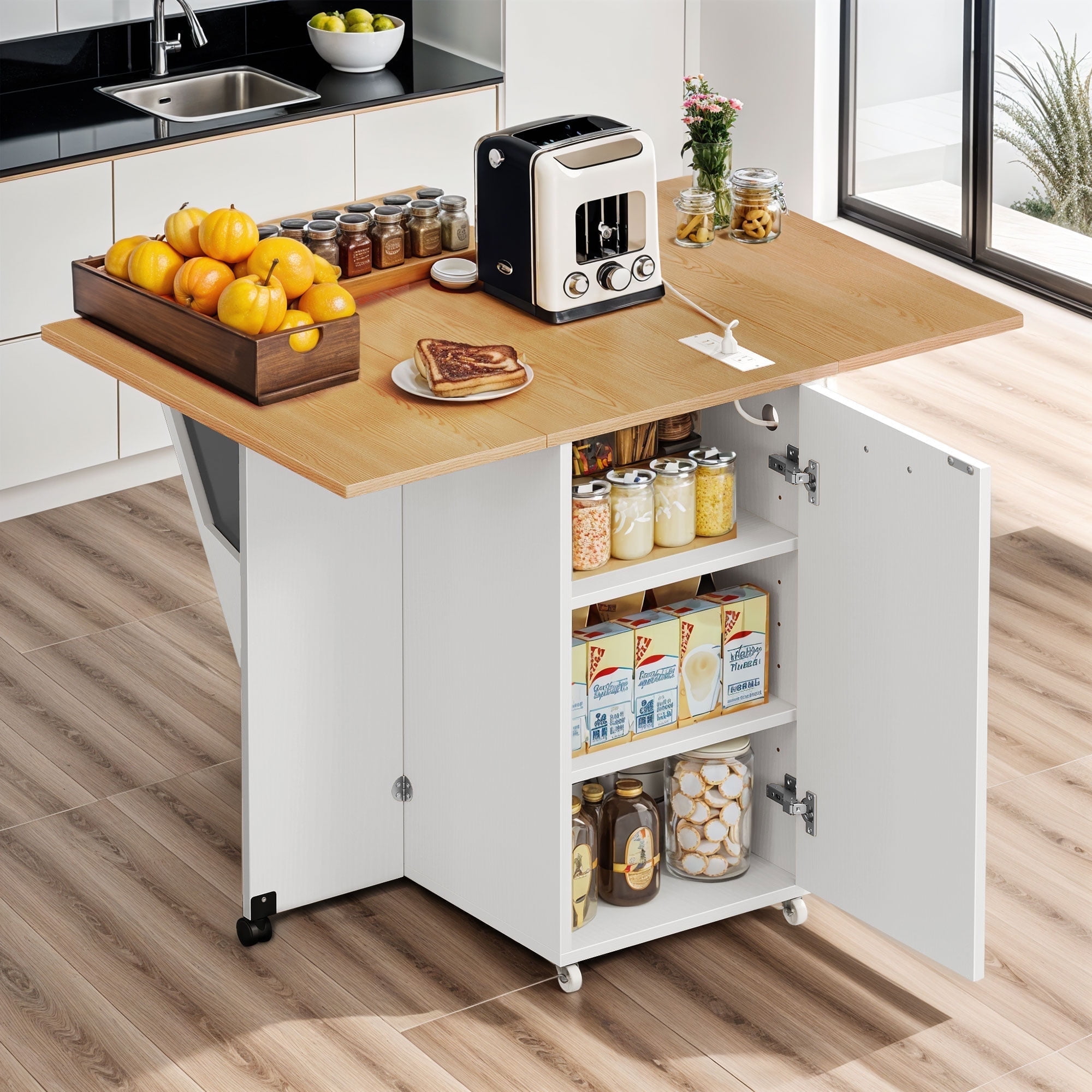 ModFusion 47" Rolling Kitchen Island with Drop Leaf Power Outlet Hidden ...