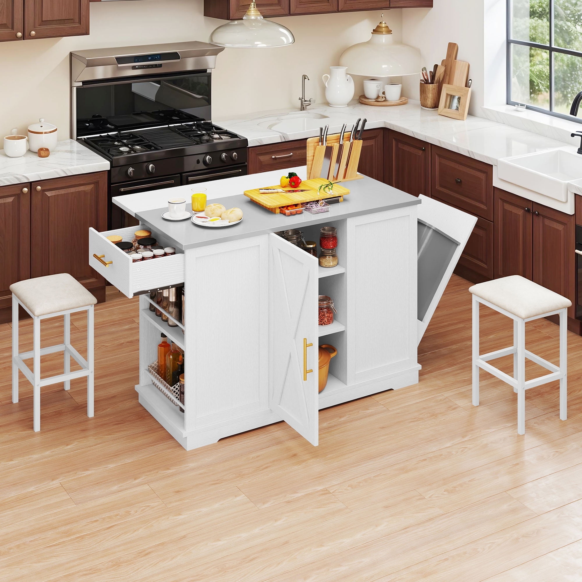 ModFusion 47" White Kitchen Island with Storage Cabinet, Side Drawer ...