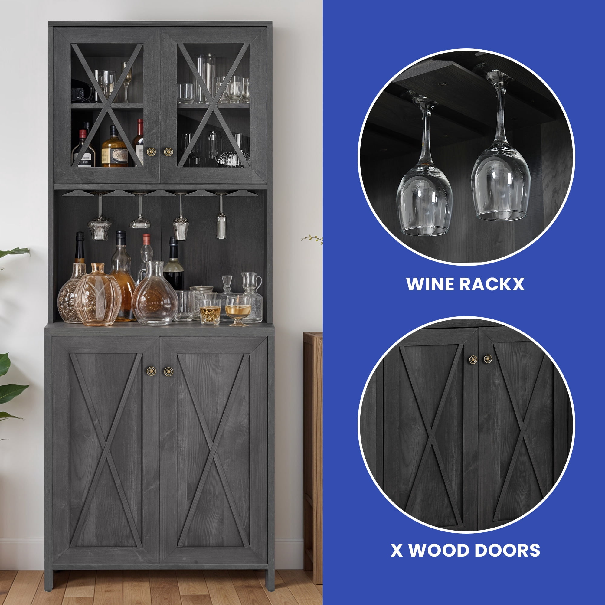 ModFusion 5.6 ft Wine Rack Bar Cabinet with Anti-Tip, Glass Doors, 1 ...