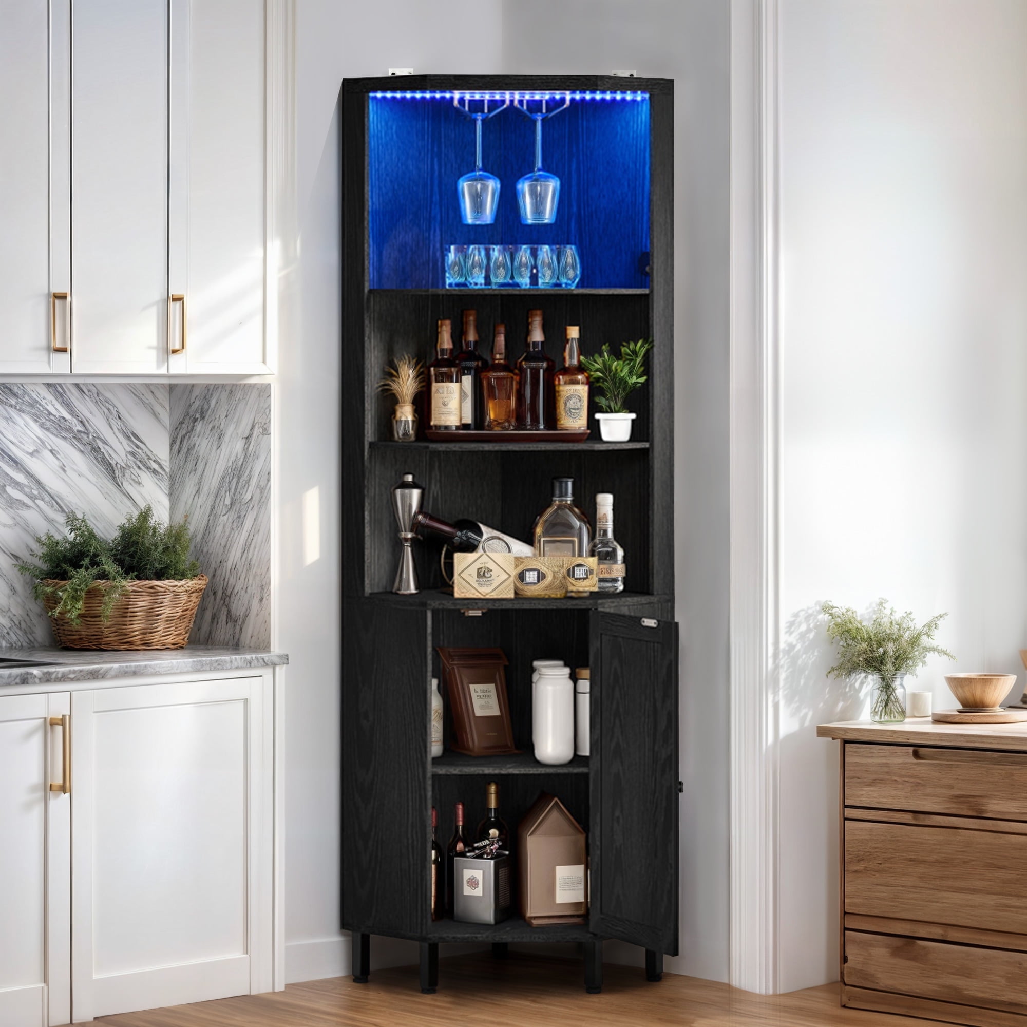 ModFusion 5 Tier Corner Bar Cabinet with LED Lights & Glass Holder ...