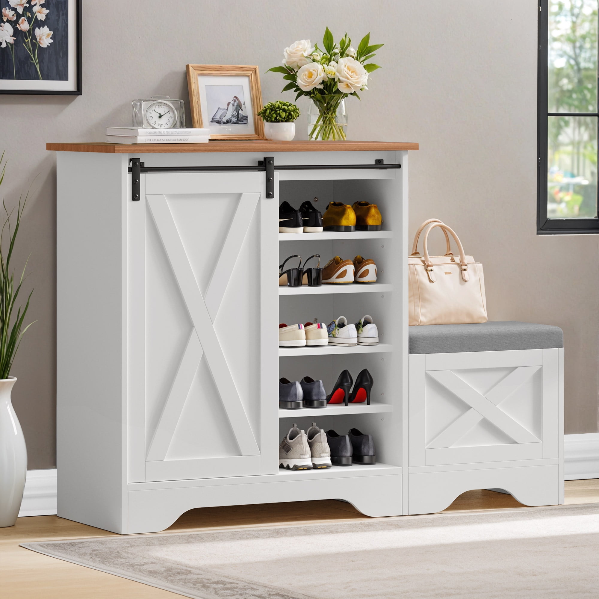 ModFusion 5-Tier Farmhouse Shoe Cabinet with Sliding Door & Bench ...