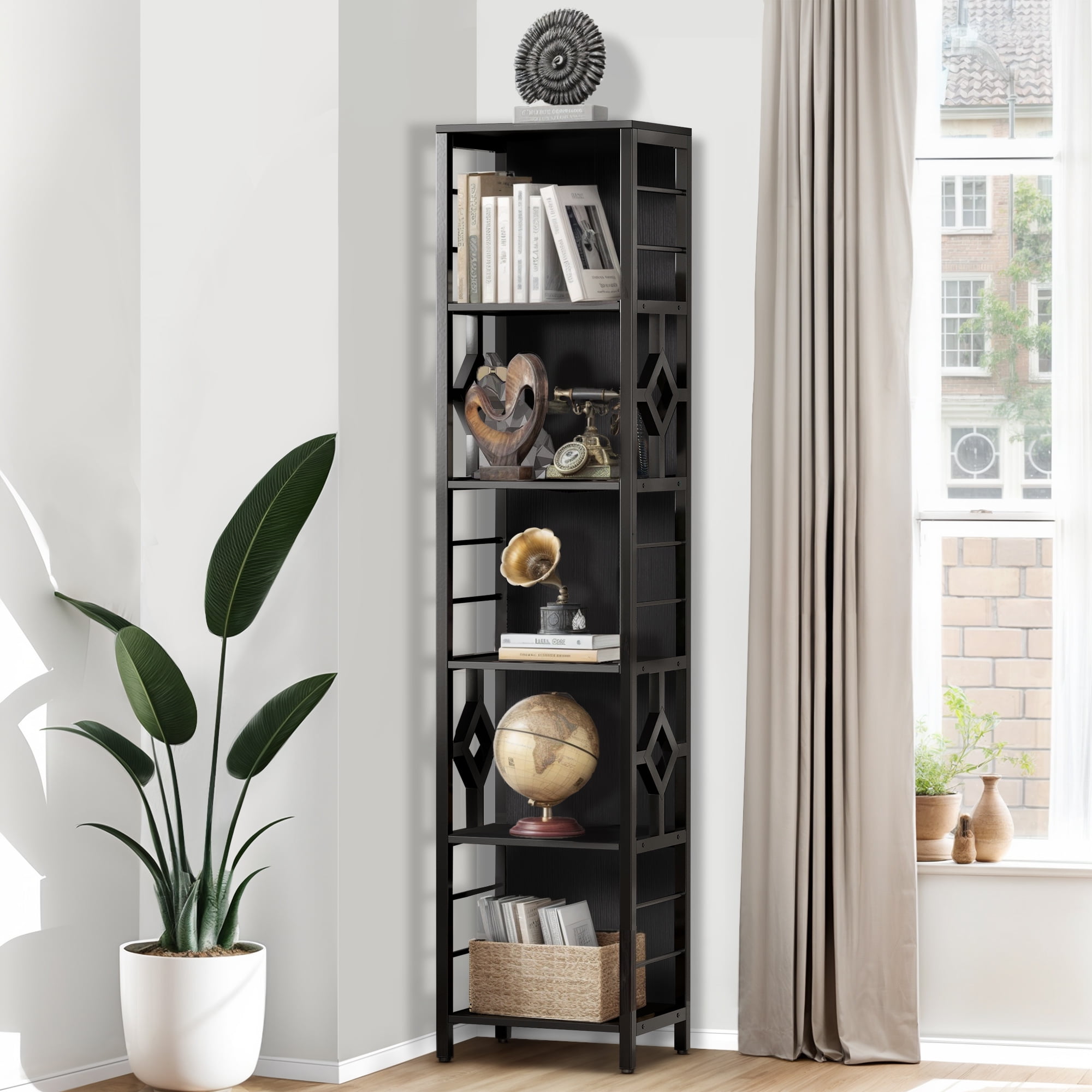 ModFusion 5-Tier Industrial Bookcase, Tall Narrow Bookcase with Metal ...