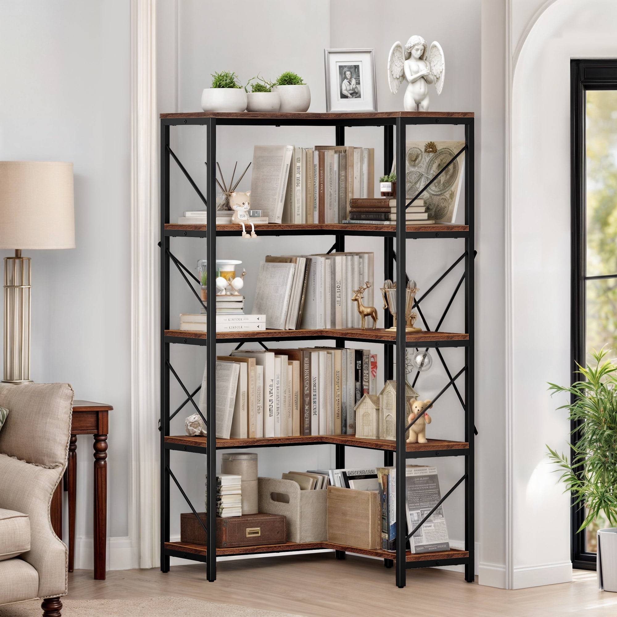 ModFusion 5-Tier L-Shaped Bookshelf Bookcase Storage Organizer, Open ...
