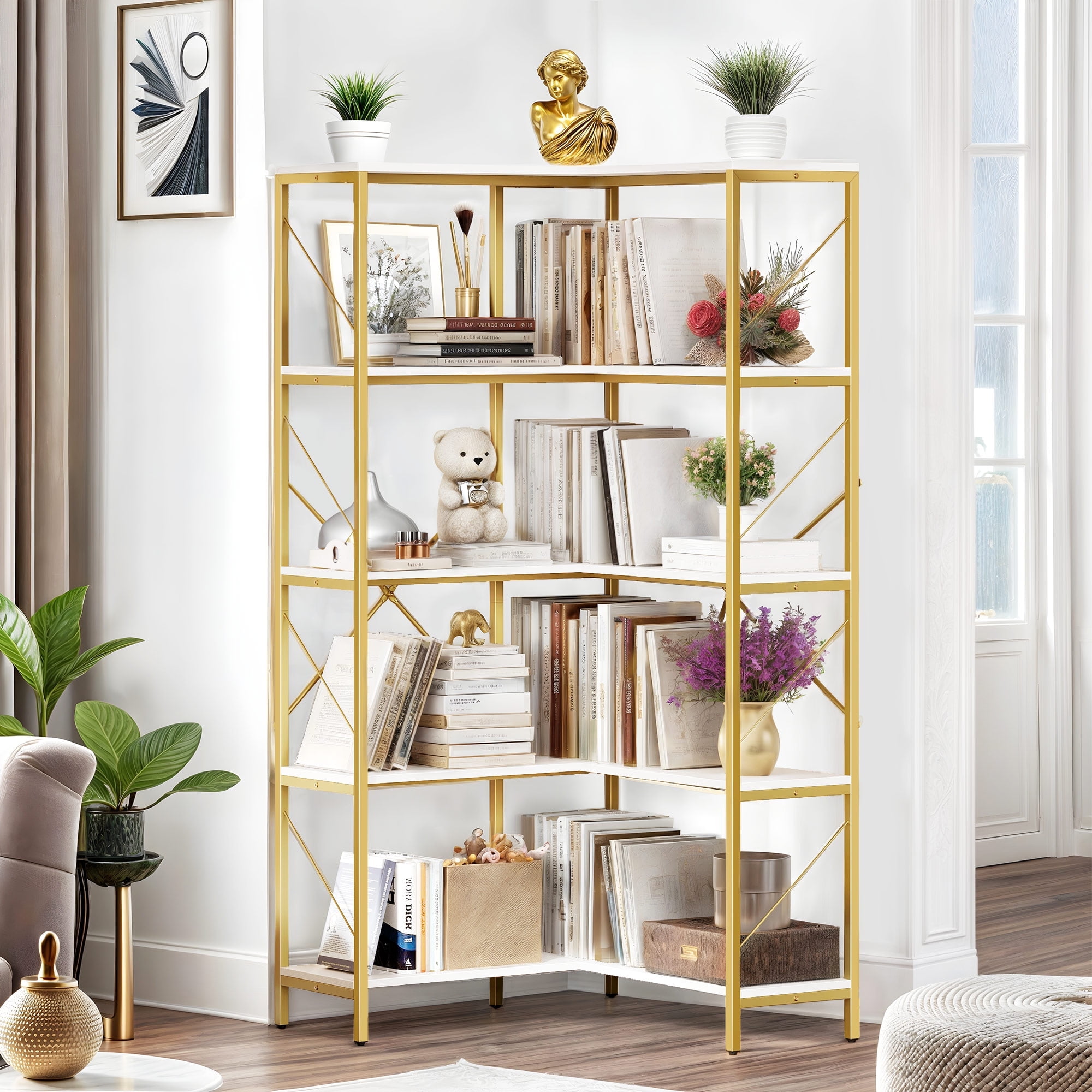 ModFusion 5-Tier L Shaped Bookshelf Storage Organizer, Tall Corner ...