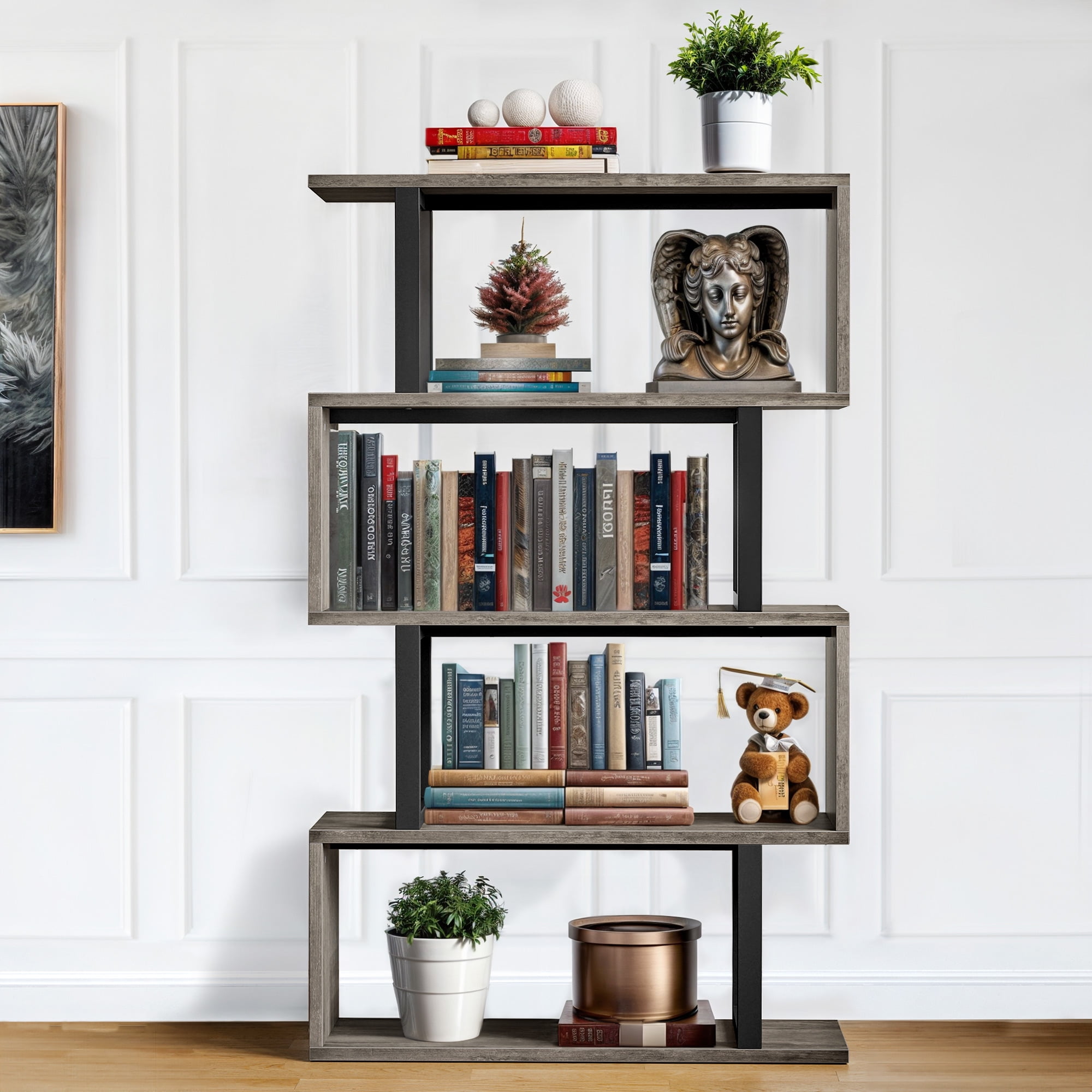 ModFusion 5-Tier S-Shaped Bookcase, Geometric Bookshelf Wooden Z-Shelf ...