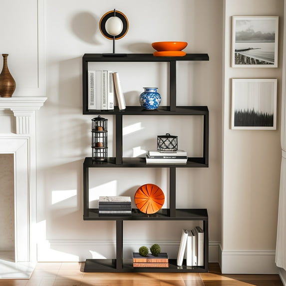ModFusion 5-Tier S-Shaped Bookcase, Geometric Boookshelf Wooden Z-Shelf ...