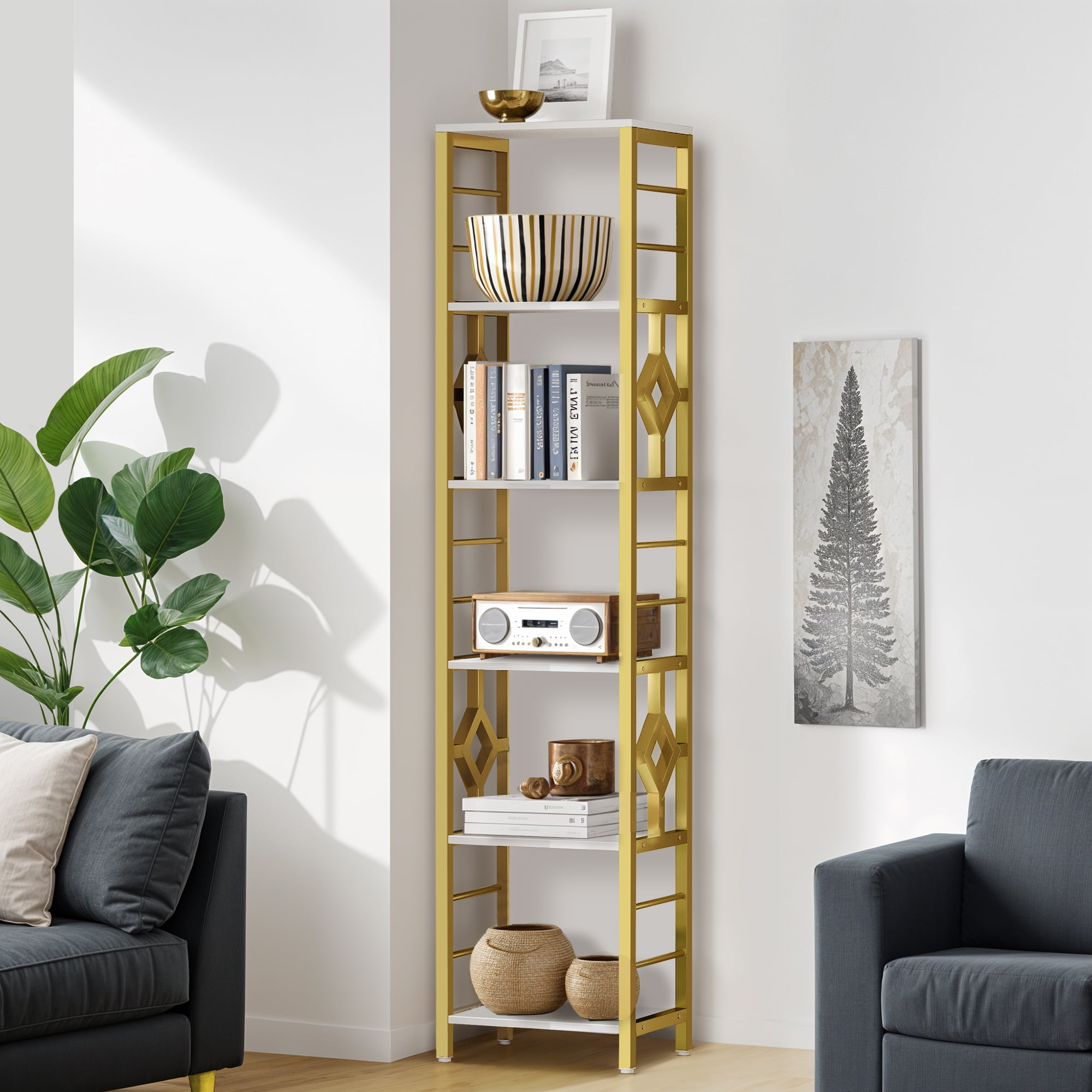 ModFusion 5-Tier White & Gold Bookcase, Tall Narrow Bookshelf with ...