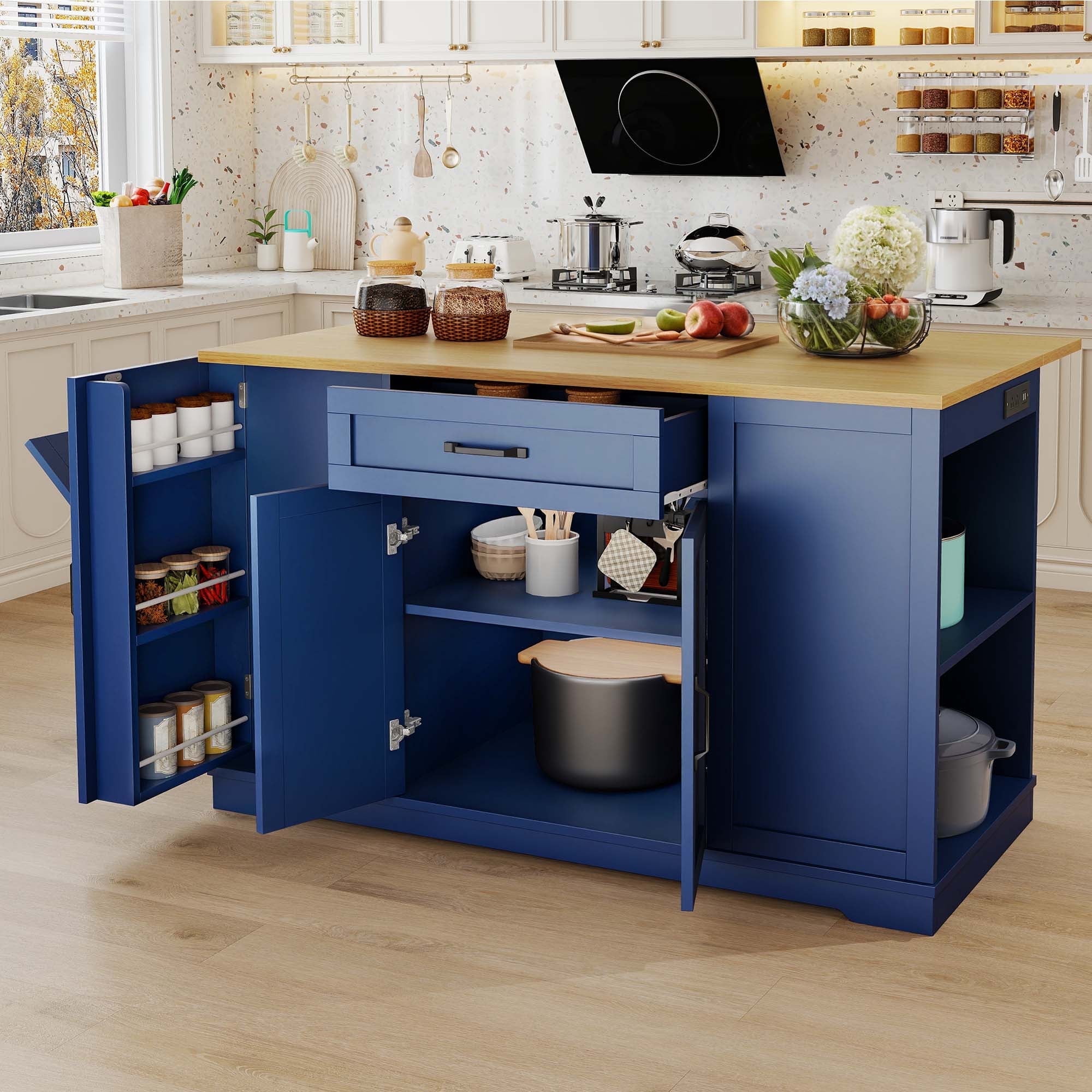 ModFusion 50" Blue Kitchen Island with Wood Top, Charging Dock, Storage ...