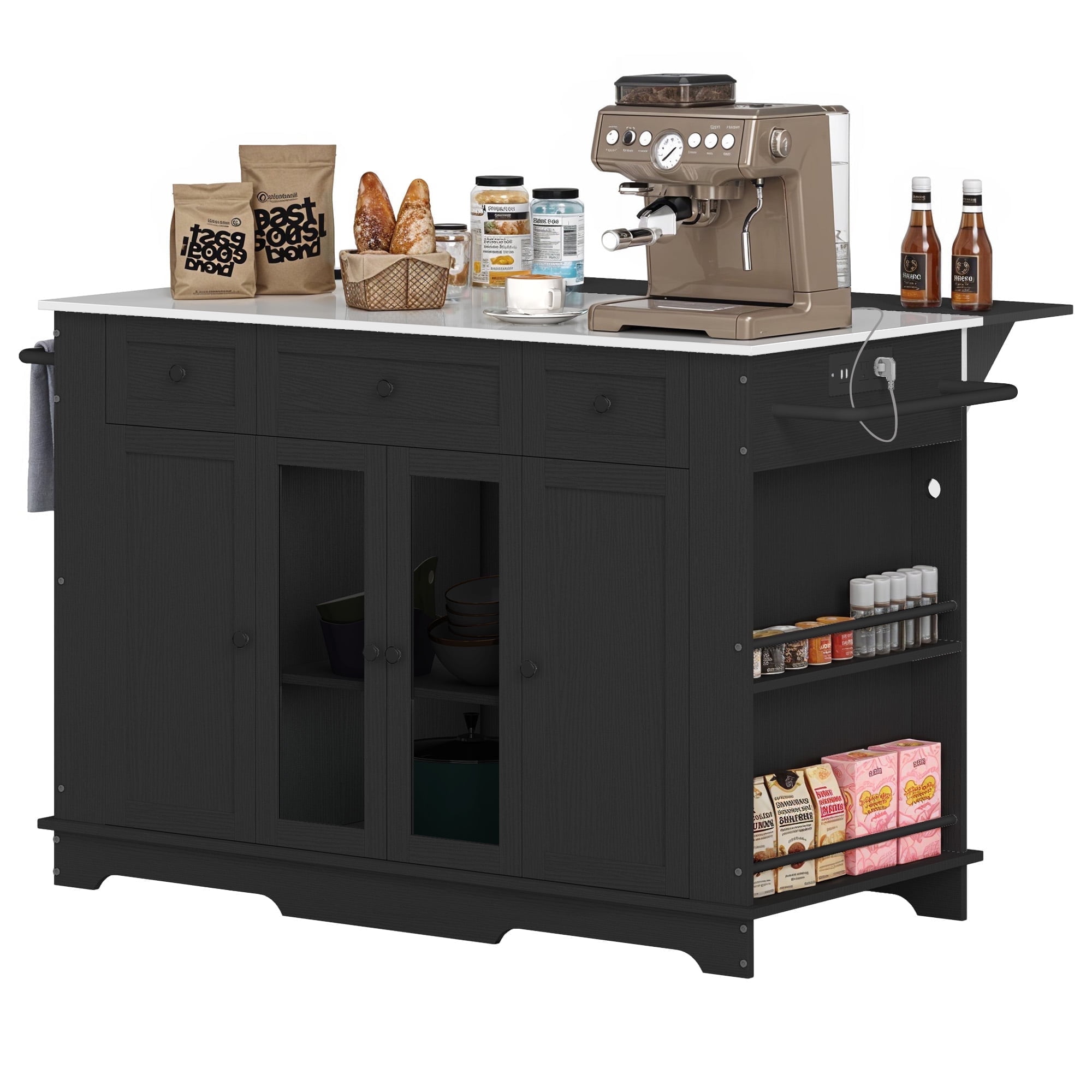 ModFusion 51" Black Kitchen Island Cart with Durable Stainless Steel Surface, Drawer Storage ...