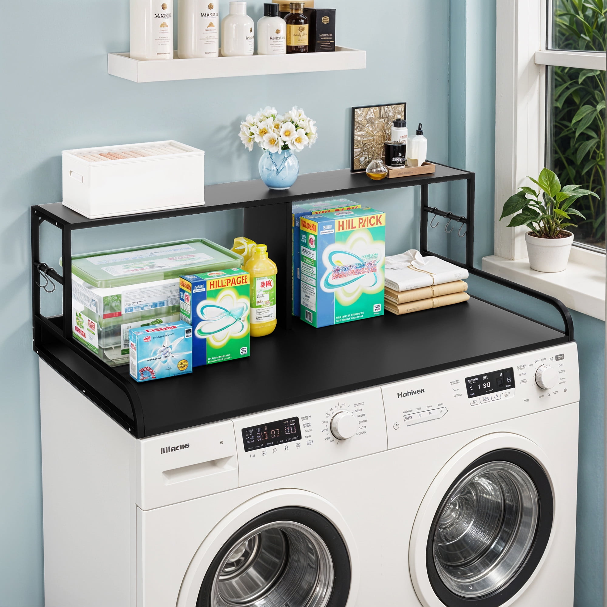 ModFusion 52.8" Black Double-Tier Washer and Dryer Shelf Organizer with 5 Hooks, Space-Saving ...