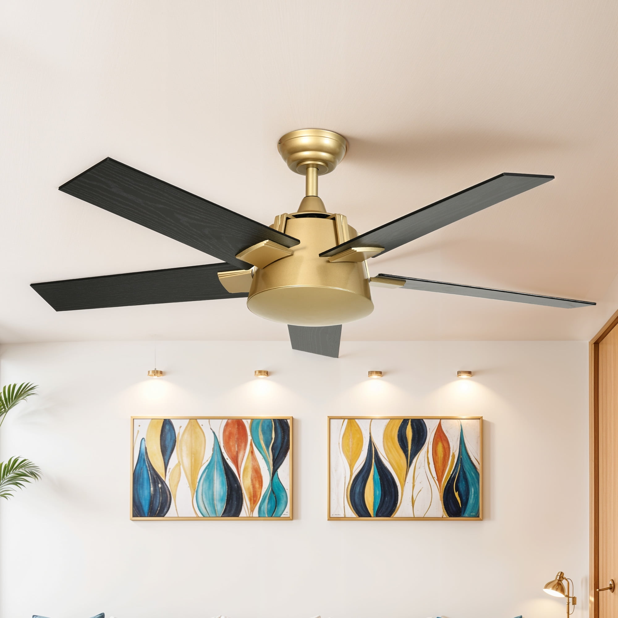 ModFusion 52-Inch Modern Black & Gold Ceiling Fan with Remote and Wall ...