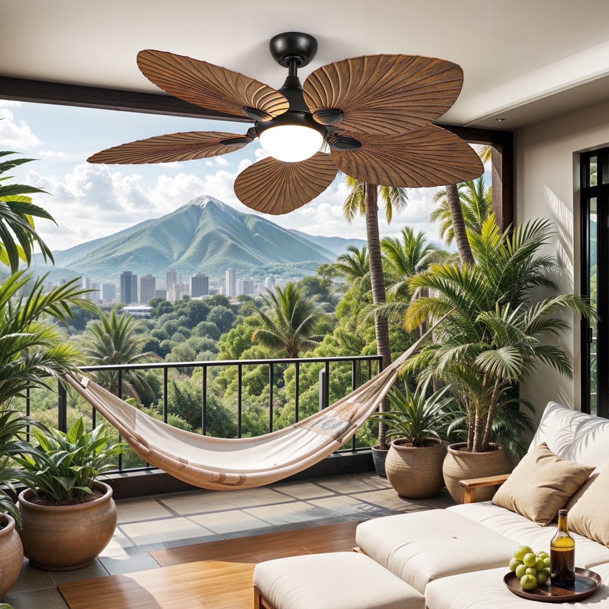 ModFusion 52" Tropical Ceiling Fan with LED Light Brown, 5 Palm Leaf ...