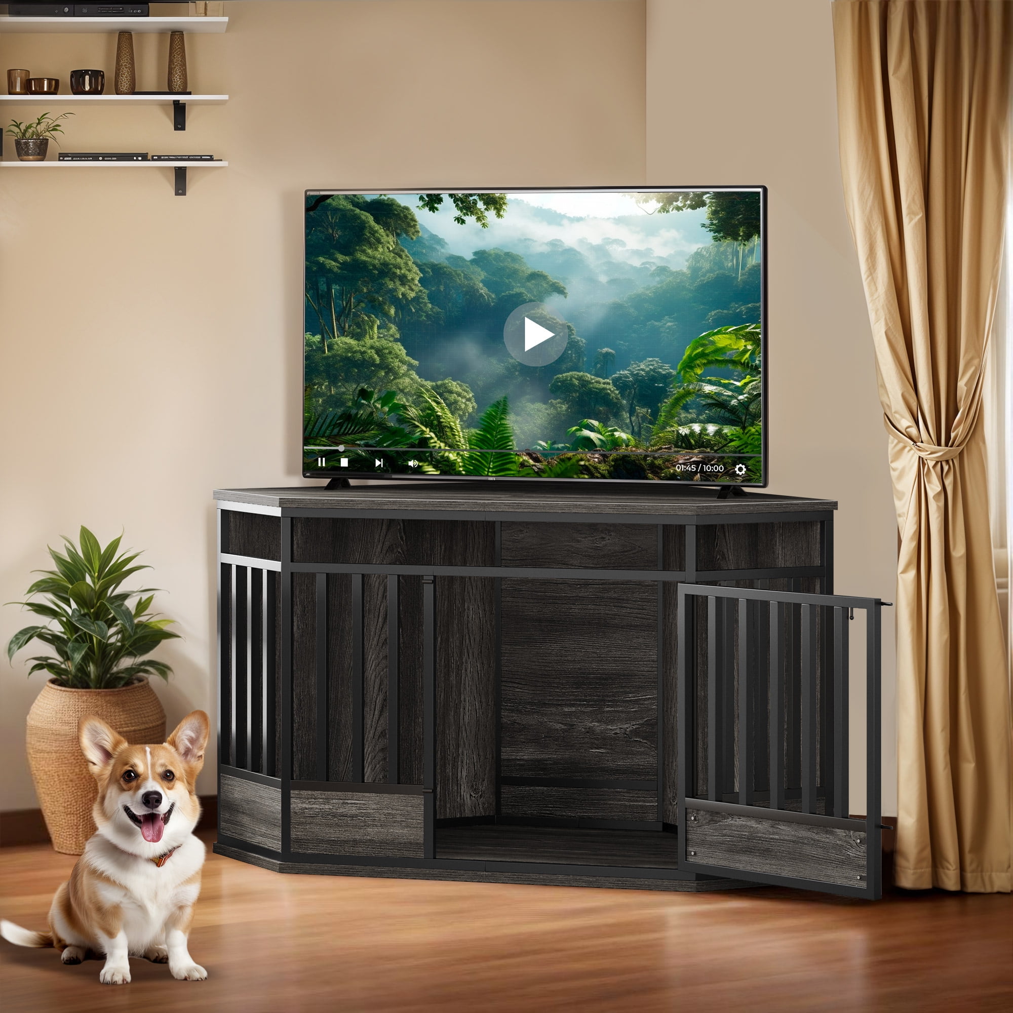 ModFusion 52” Indoor Dog Kennel, Stylish Corner Pet Crate, Durable Wood ...