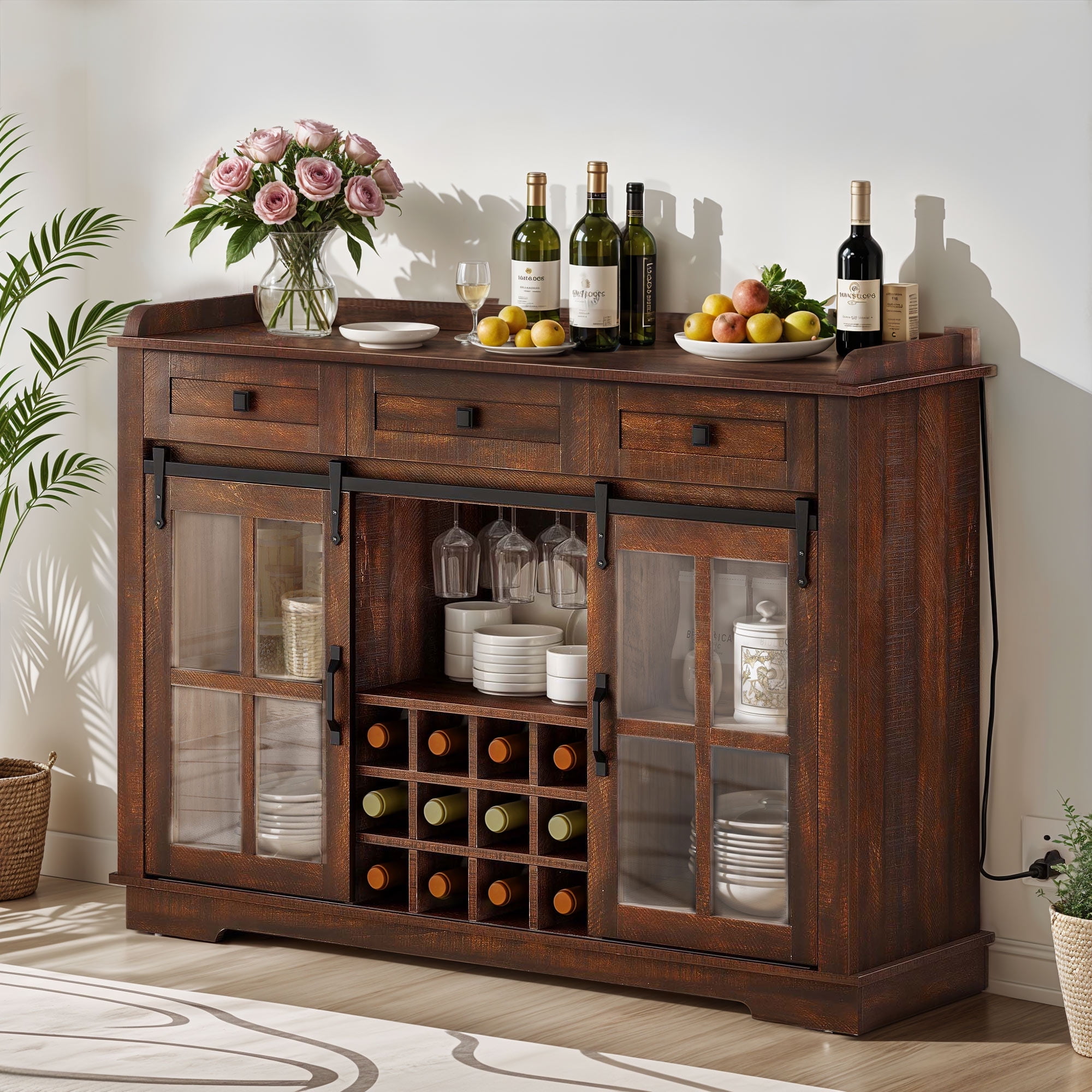 ModFusion 53" Brown Wine Cabinet with Charging Station and Drawers, Bar ...