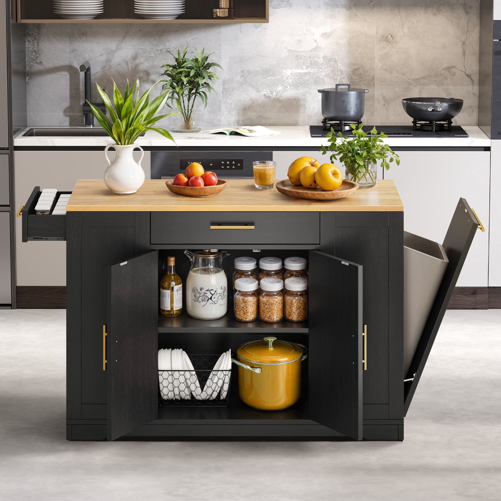 ModFusion 53” Rolling Kitchen Island with Trash Can Storage, 3-Tier ...