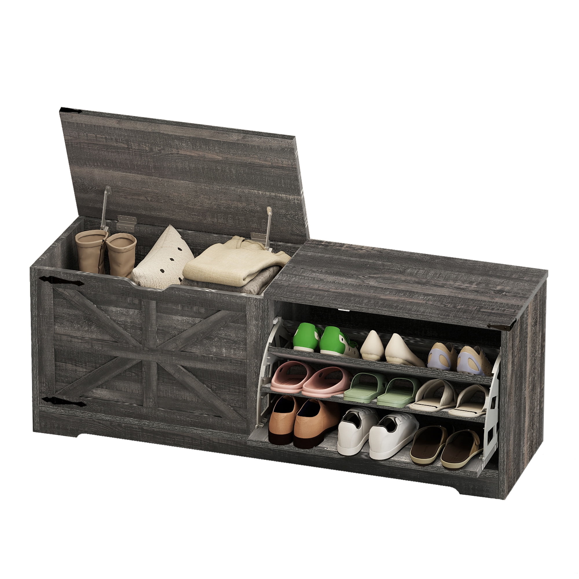 ModFusion 55″ Farmhouse Entryway Shoe Bench with Flip Top Seat & Tilt ...